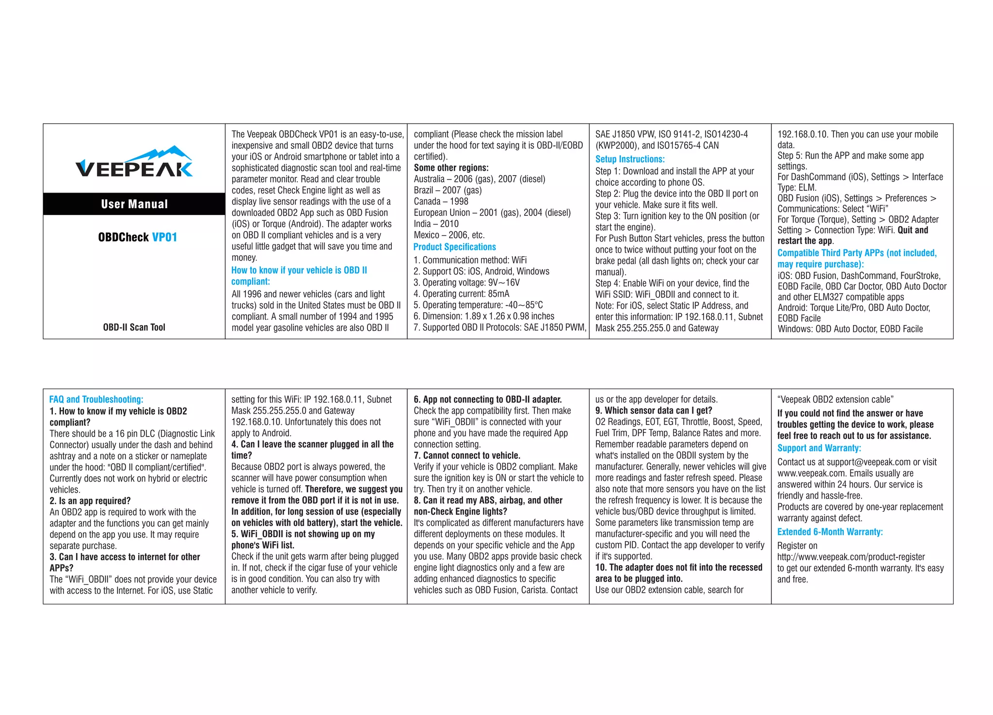 Veepeak Mini WIFI VP01 User Manual | PDF