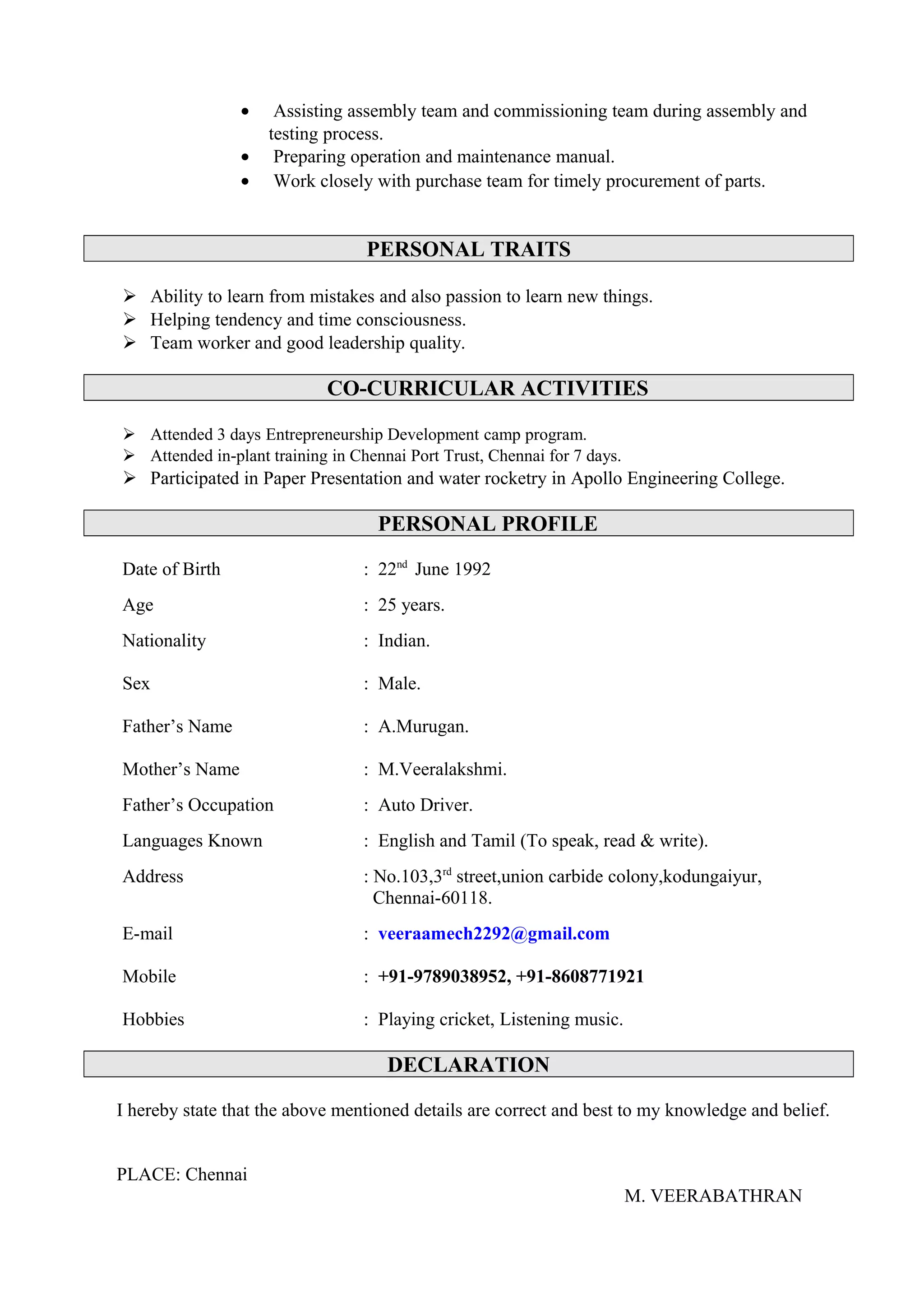 Veerbathran resume | PDF