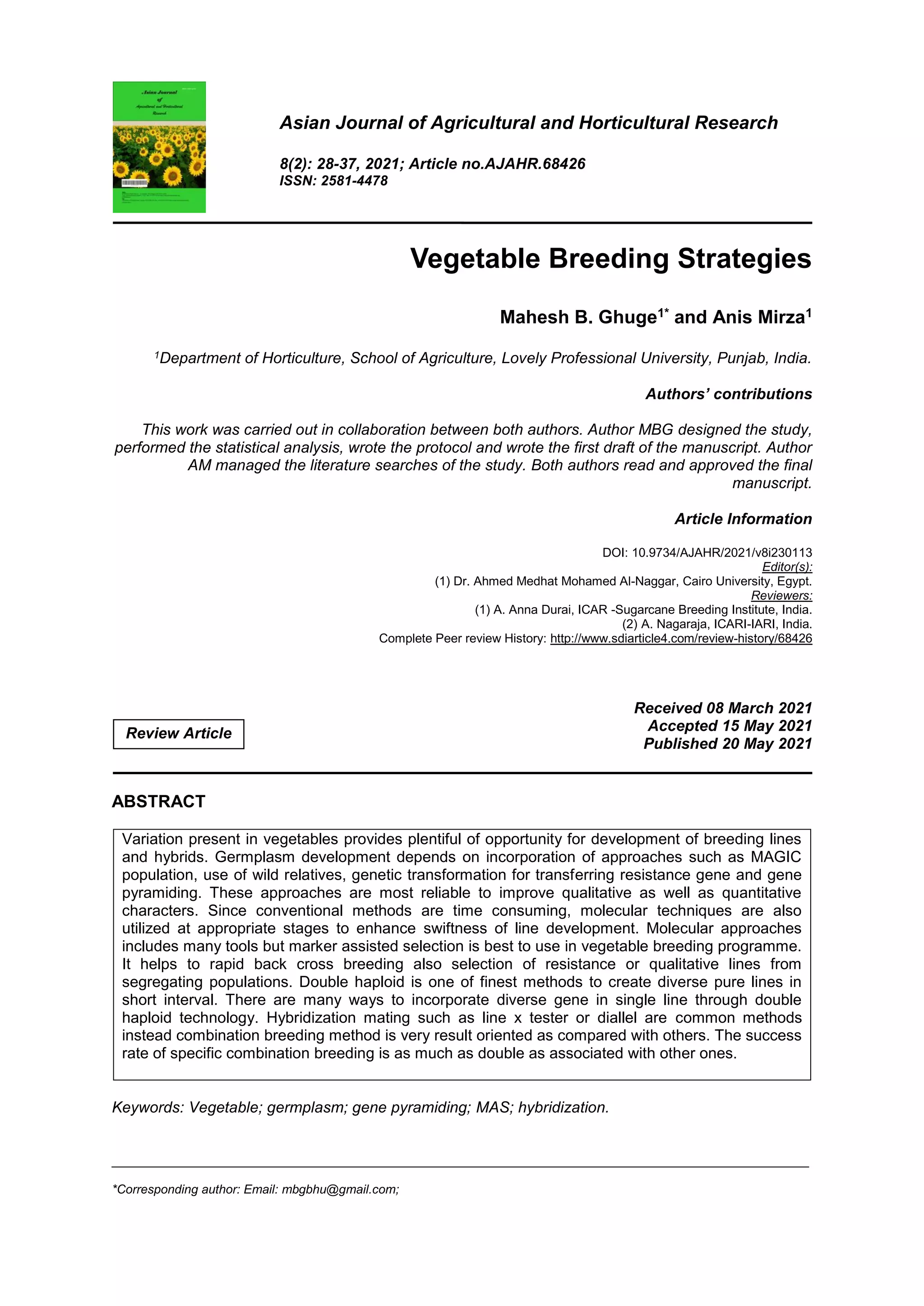 Vegetable breeding strategies -Dr. Mahesh Ghuge | PDF