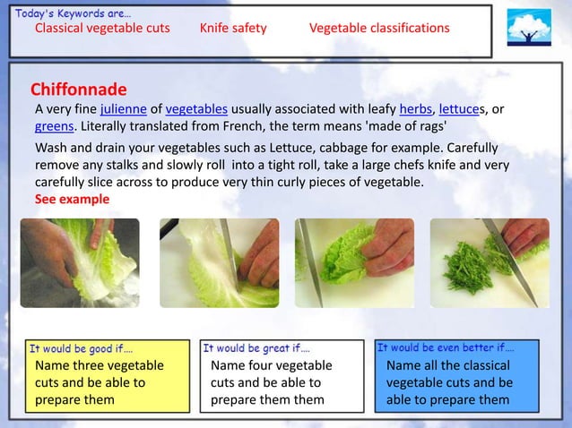 Vegetable cuts gcse y10 | PPTX | Vegetarian Diets | Food & Drink