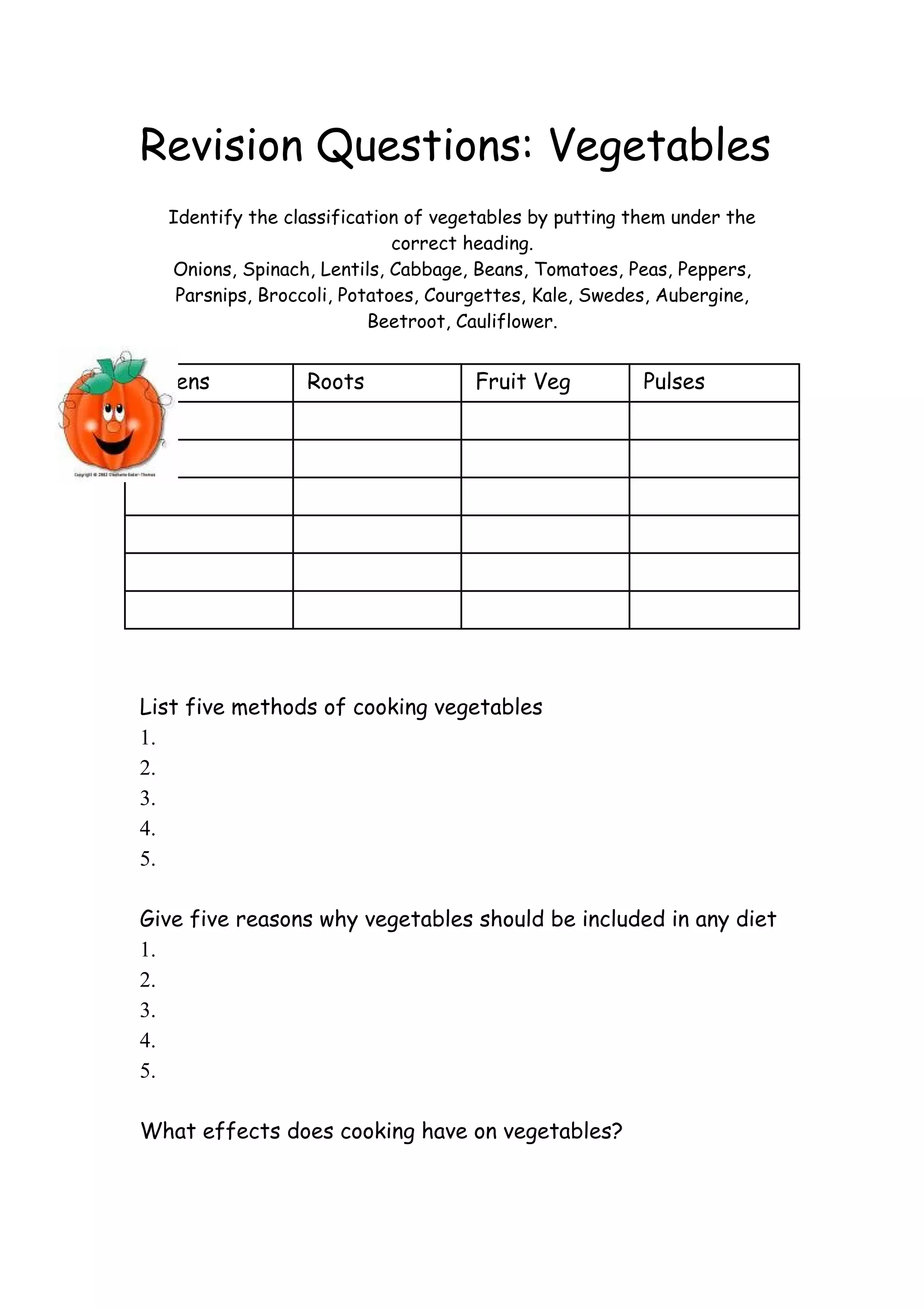 Vegetables revision questions | DOC