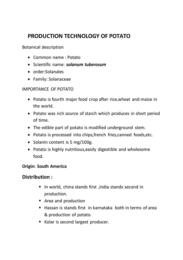 PRODUCTION TECHNOLOGY OF POTATO | DOCX | Agriculture | Industries