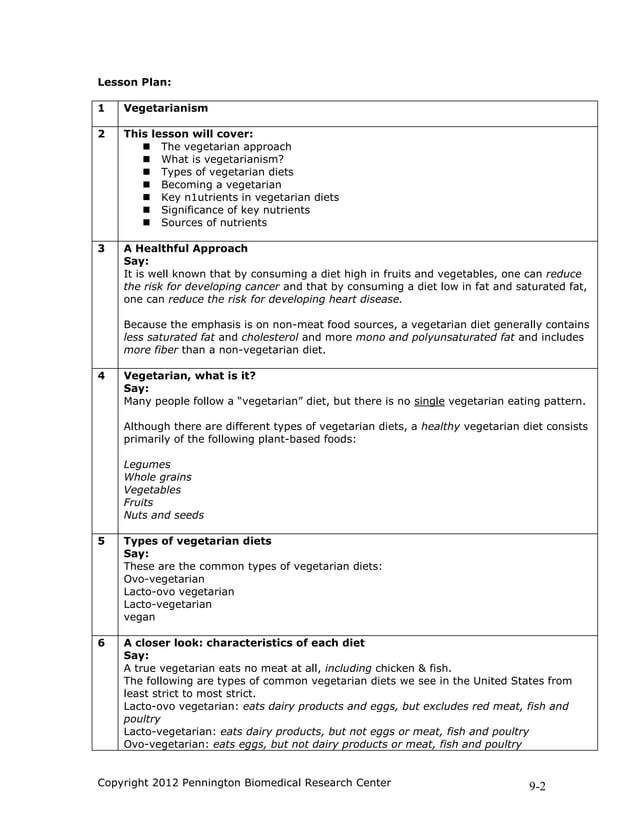 Vegetarianism lesson plan unit 9 | PDF