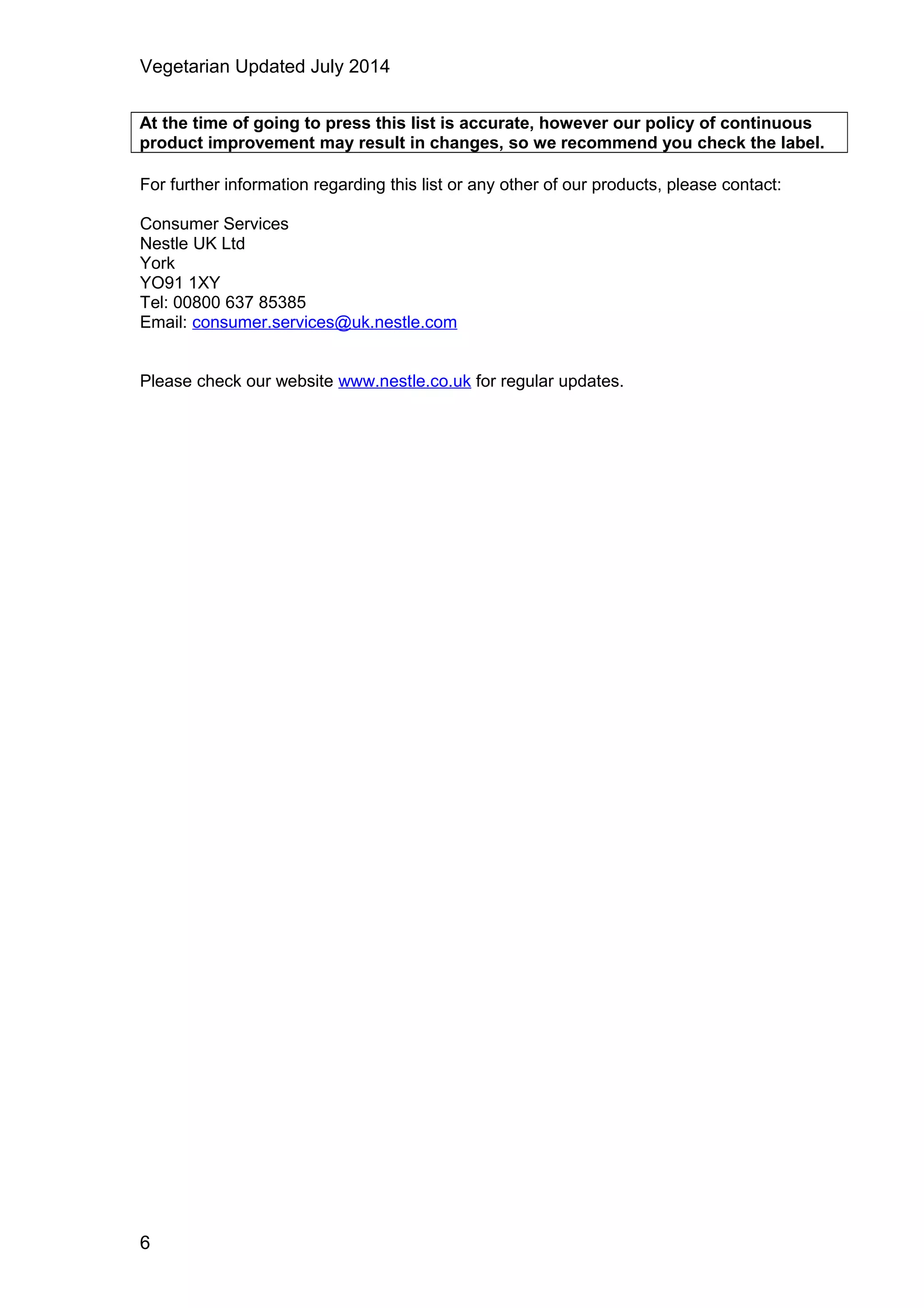 A list of vegetarian items sold by Nestle | DOC