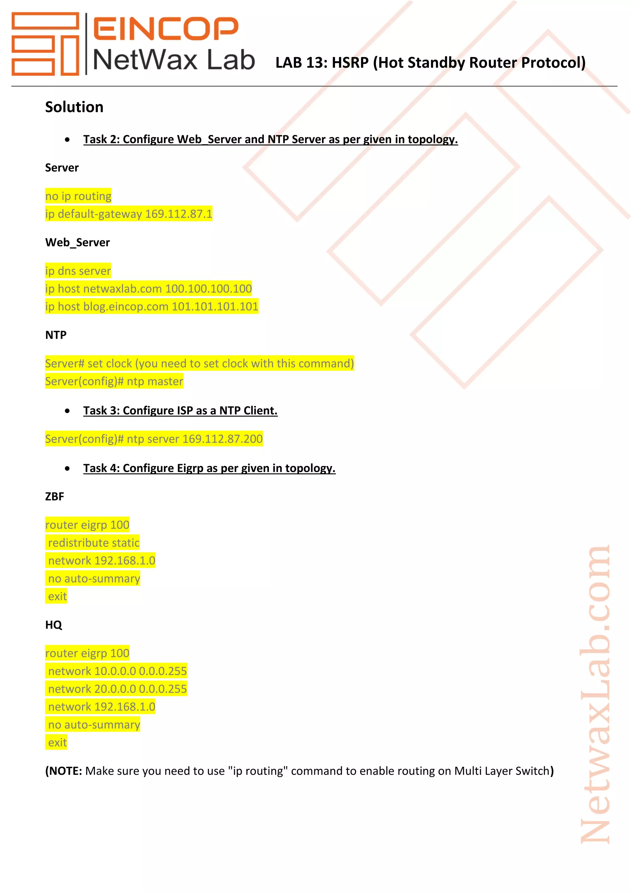 Eincop Netwax Lab: HSRP (Hot Standby Router Protocol) | PDF