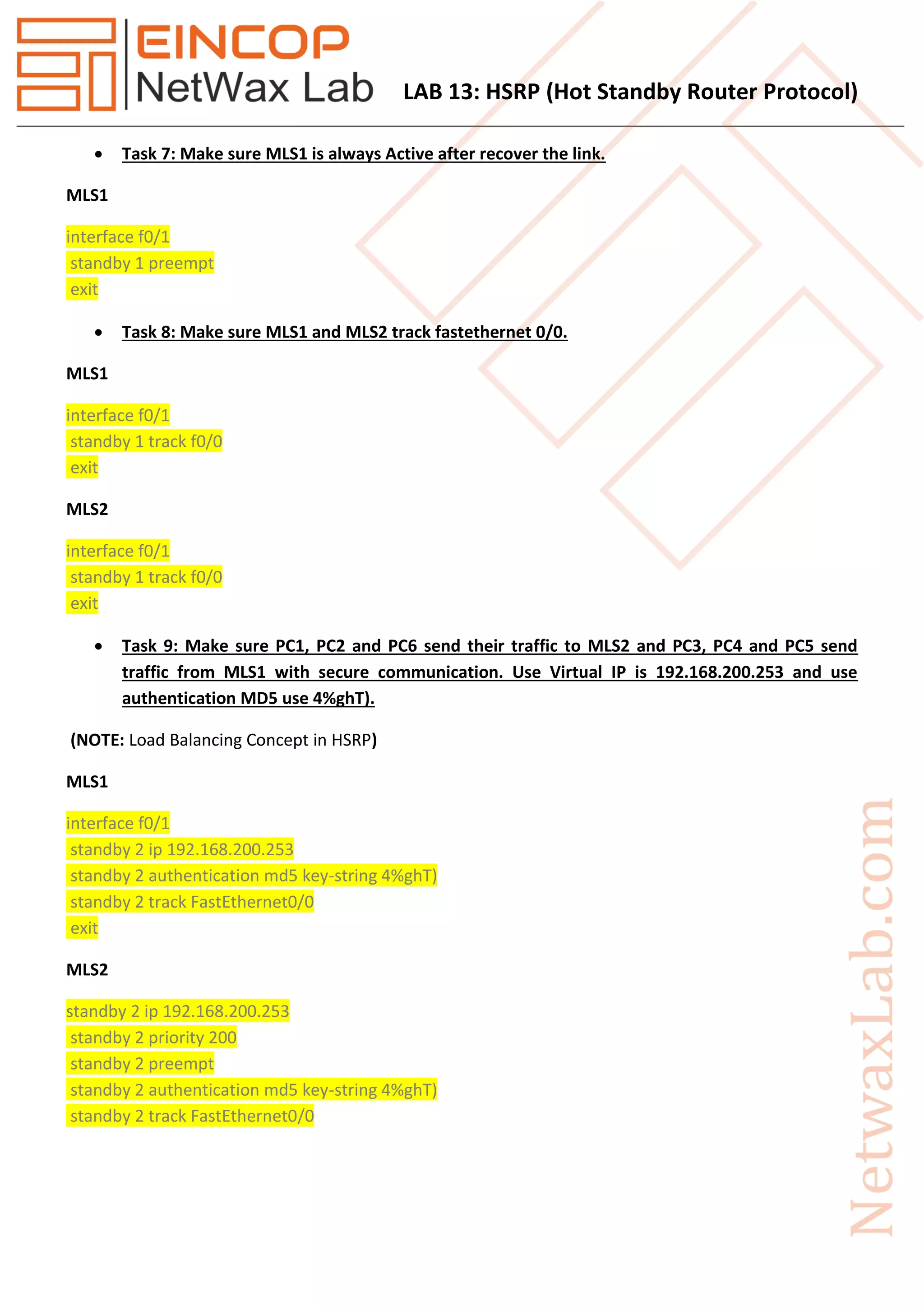 Eincop Netwax Lab: HSRP (Hot Standby Router Protocol) | PDF