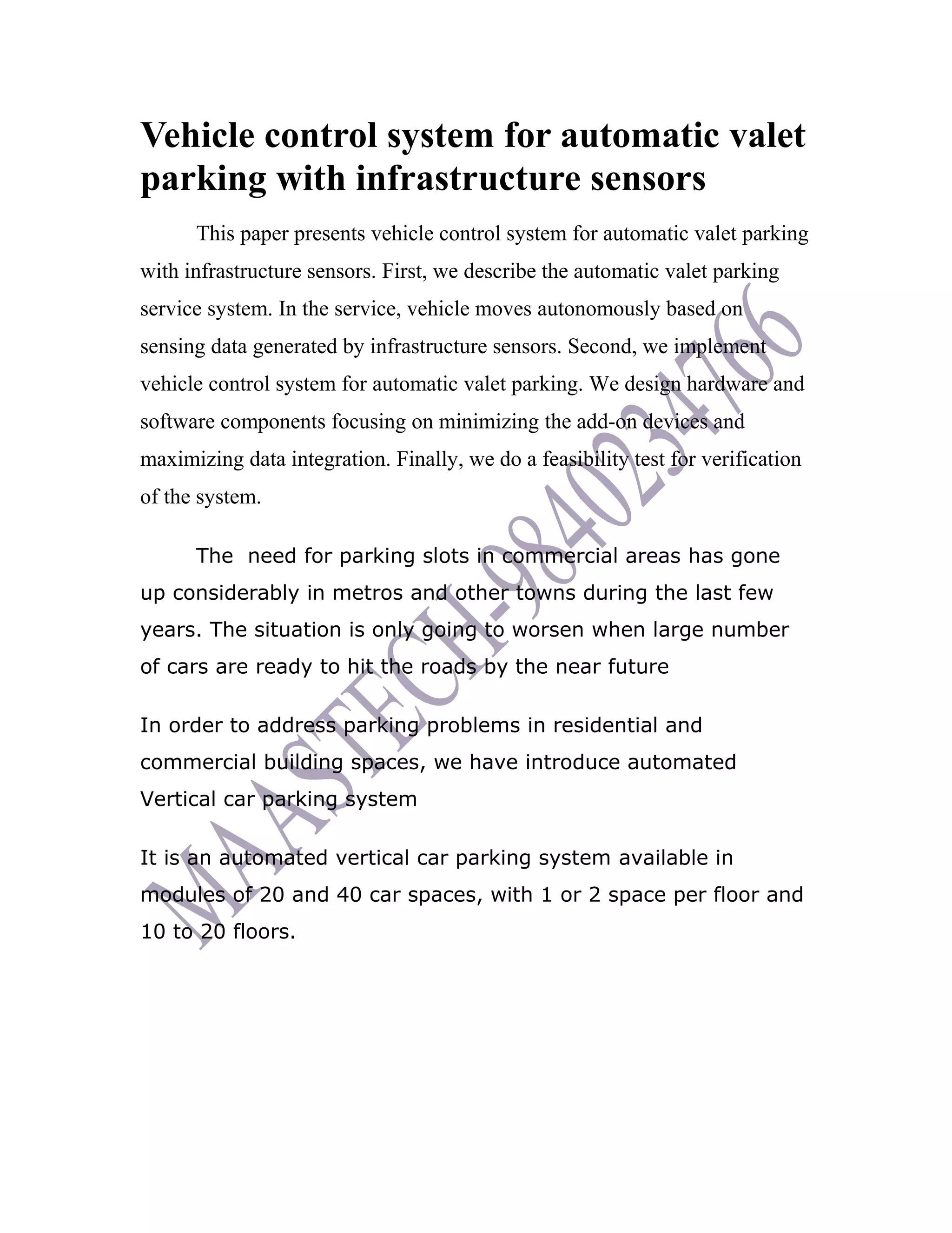 MECHANICAL PROJECT ABSTRACT-Vehicle control system for automatic valet ...