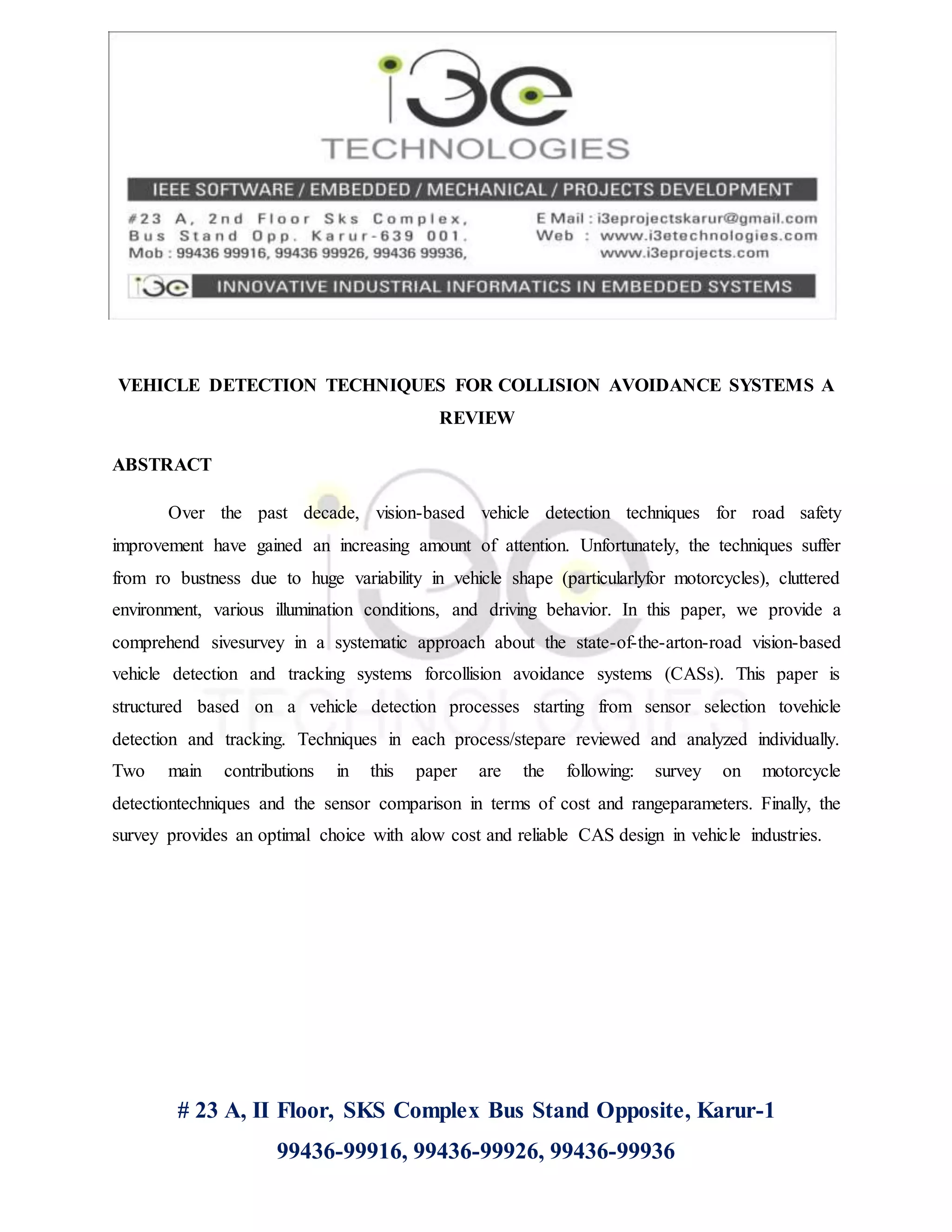 Vehicle Detection Techniques For Collision Avoidance Systems A Review