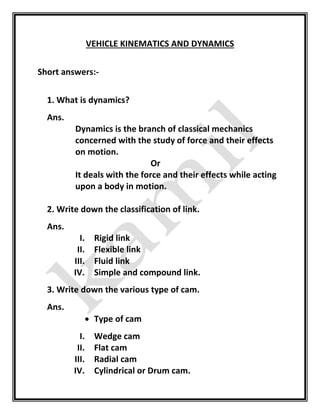Vehicle kinematics and dynamics (vkd) short answer for gtu | PDF