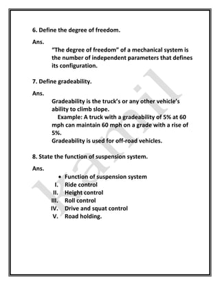 Vehicle kinematics and dynamics (vkd) short answer for gtu | PDF