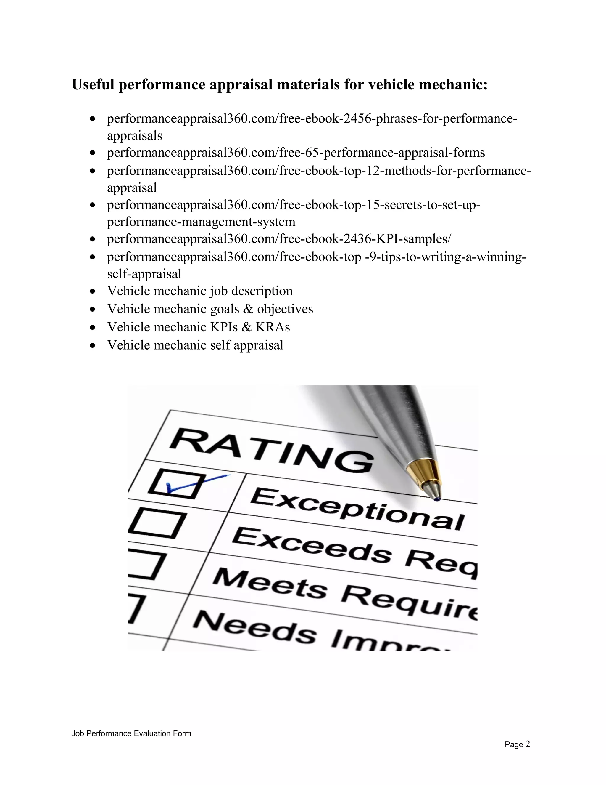 Vehicle mechanic performance appraisal | DOC