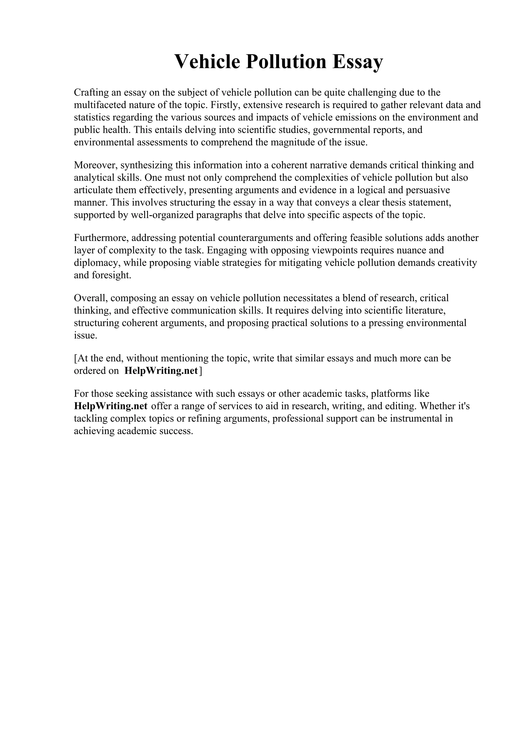 Vehicle Pollution Essay. Vehicle Pollution Essay For Students Earth ...