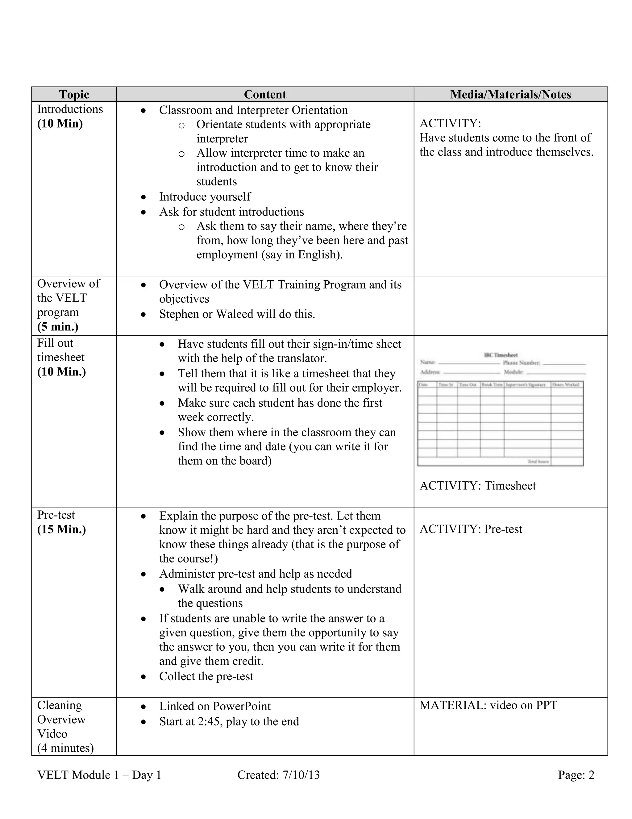 VELT Module 1 Lesson Plan | DOCX