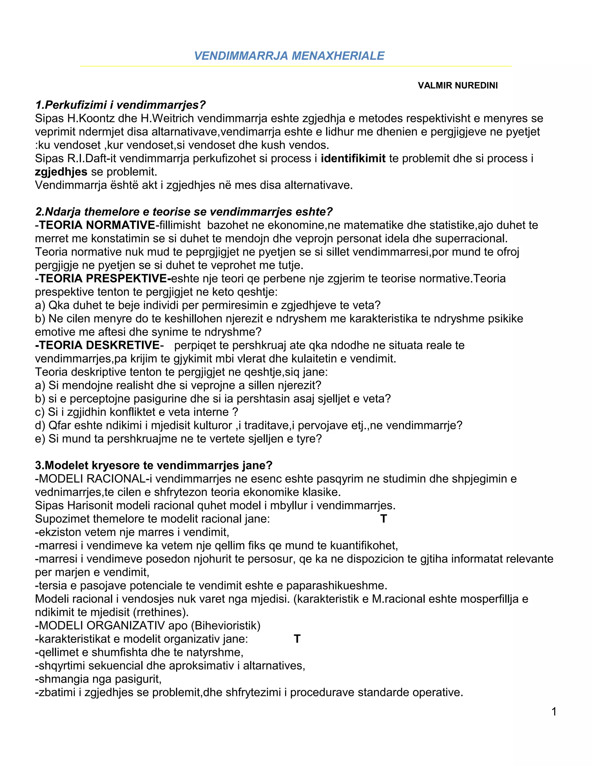 Vendimmarrja Menaxheriale- pyetje dhe pergjegjje | DOC