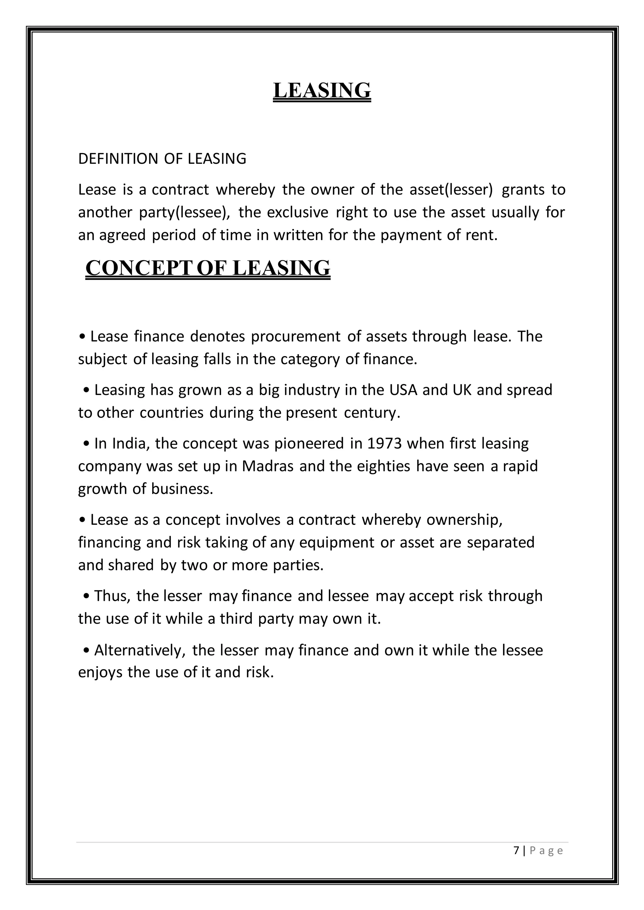the lease and hire purchase in india | DOCX