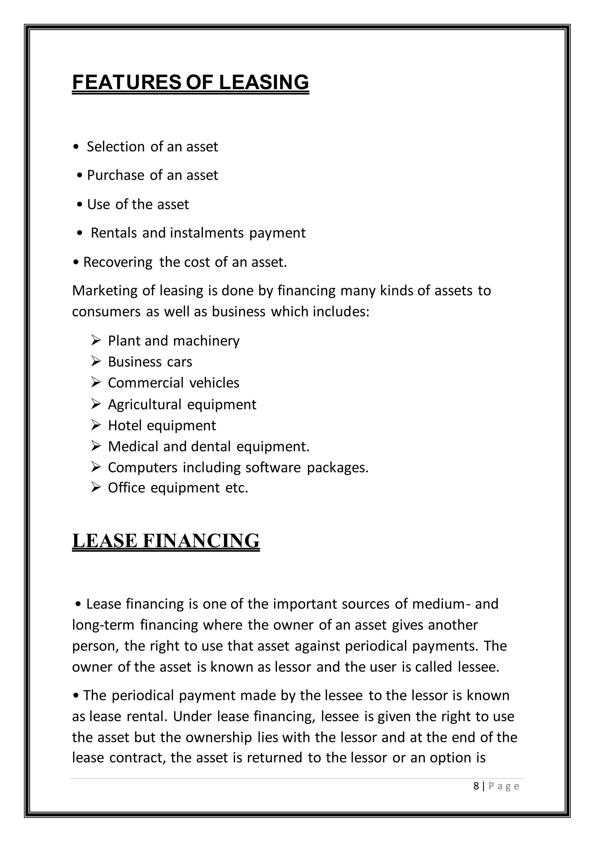 the lease and hire purchase in india | DOCX