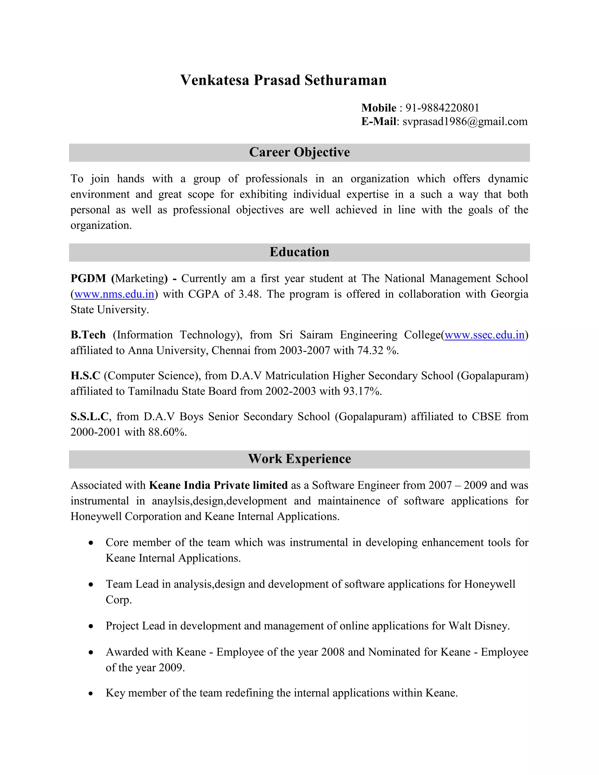 Venkatesa Prasad sethuraman Resume | PDF