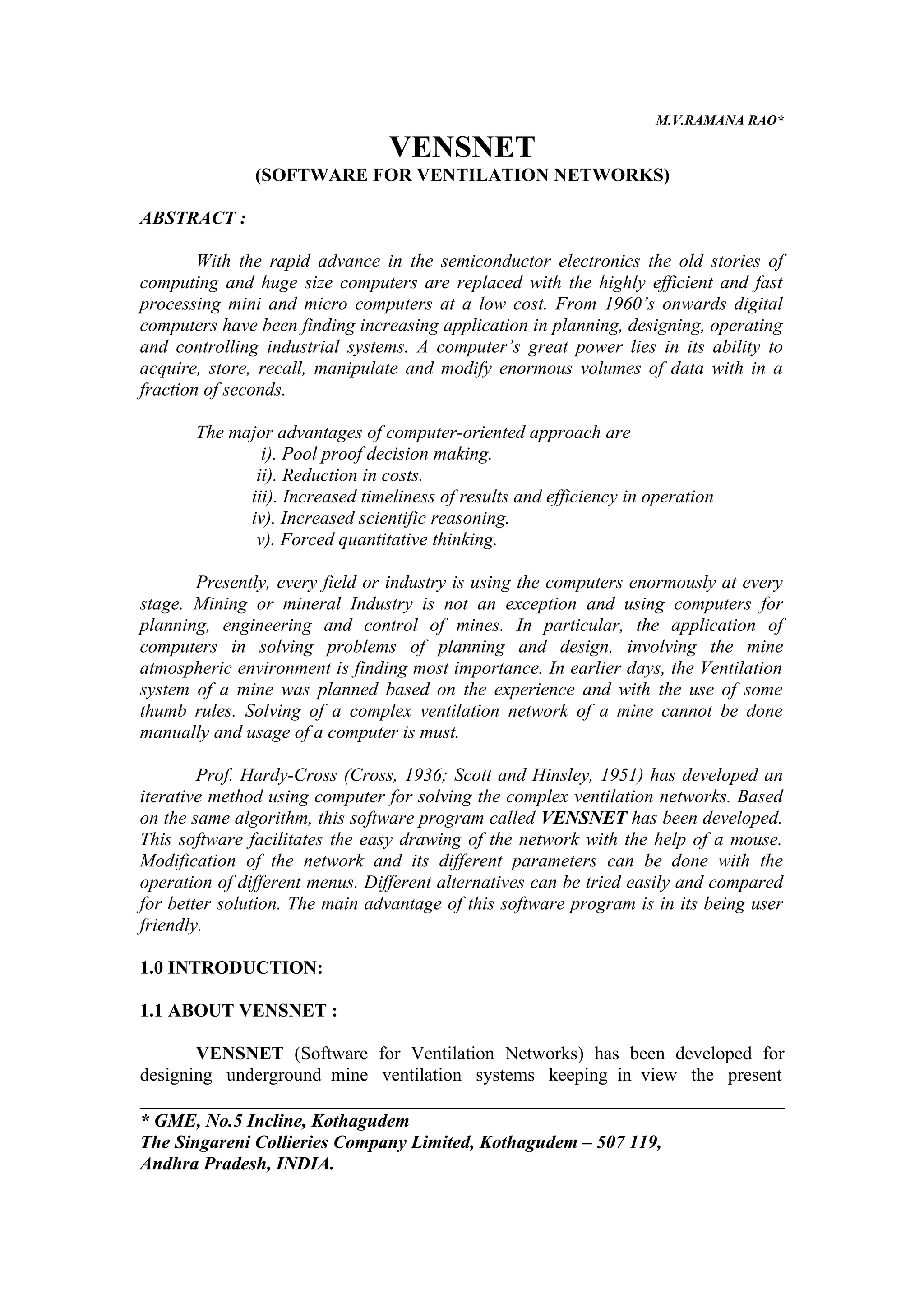 software for solving ventilation networks | DOC