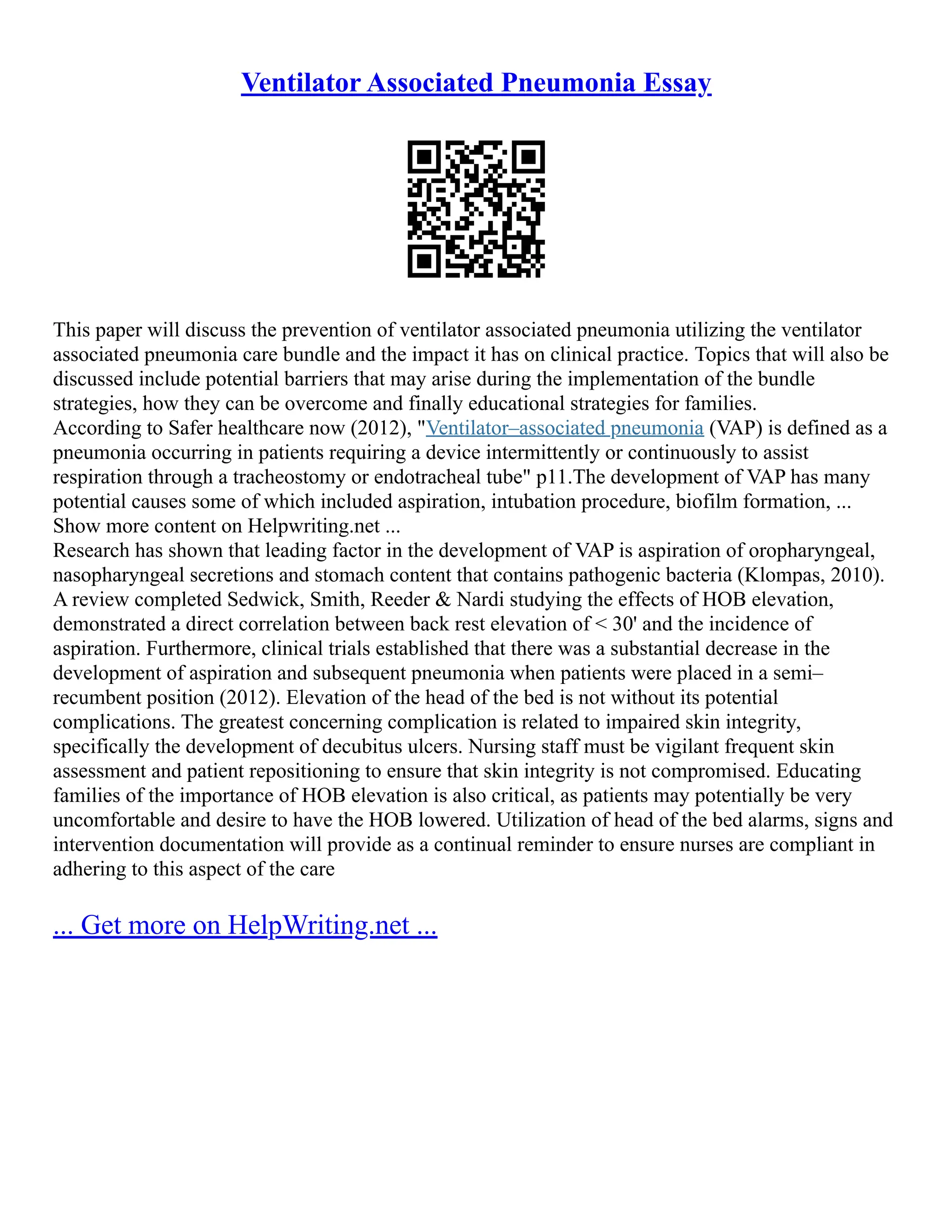 Ventilator-Associated Pneumonia Essay | PDF