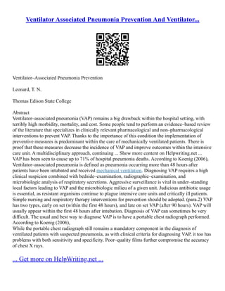 Ventilator-Associated Pneumonia Essay | PDF