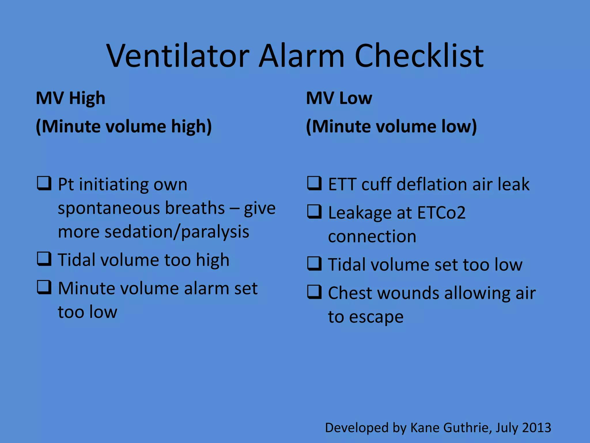 Ventilator Alarm Checklist | PDF