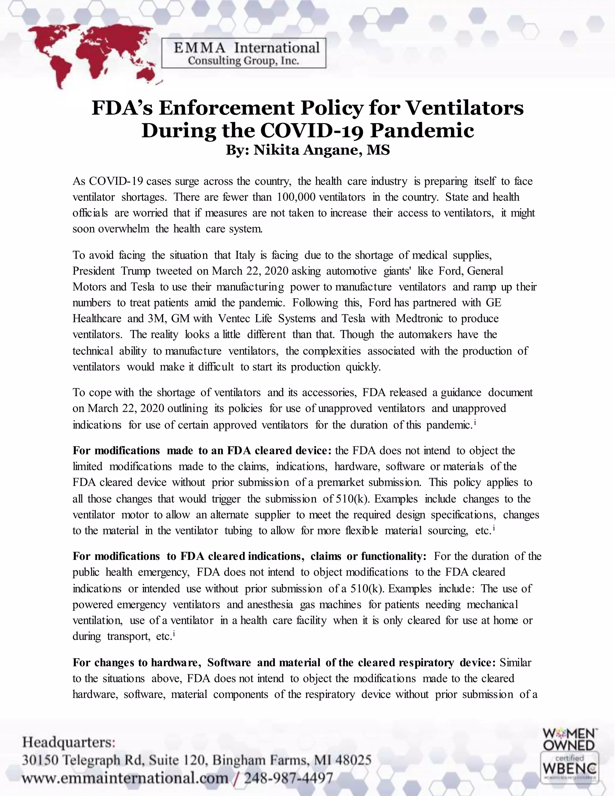 FDA’s Enforcement Policy for Ventilators During the COVID-19 Pandemic | PDF