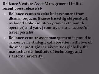 Venture capital (Reliance Ventures) | PPT