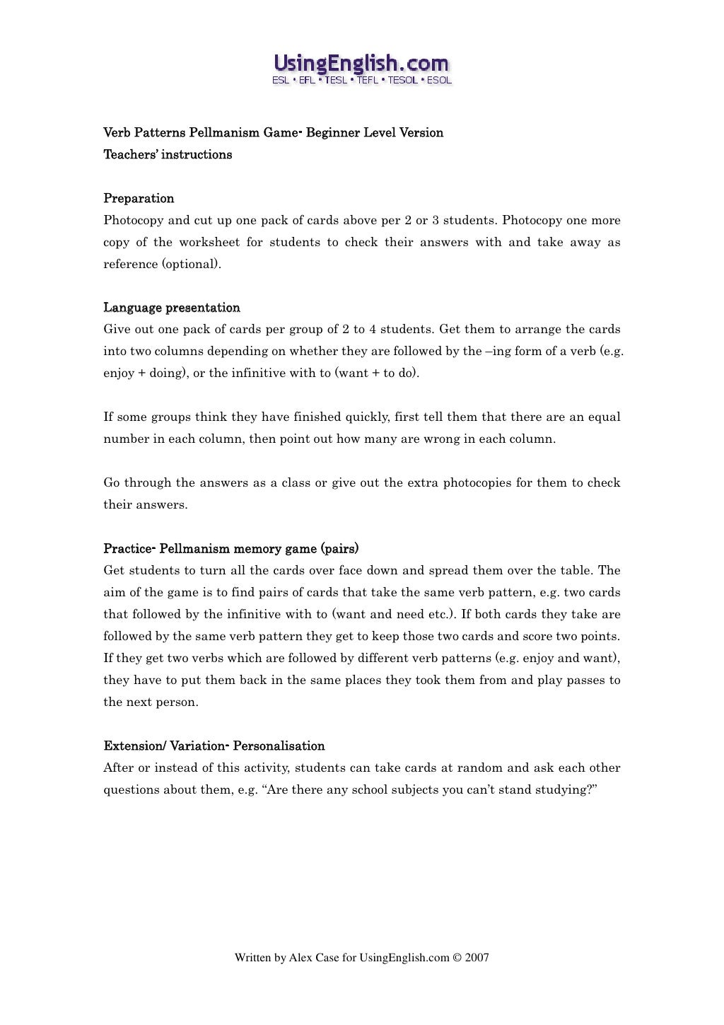 Verb Patterns pellmanism game beginner teachers notes verb-patterns-pellmanism-game-beginner-teachers-notes