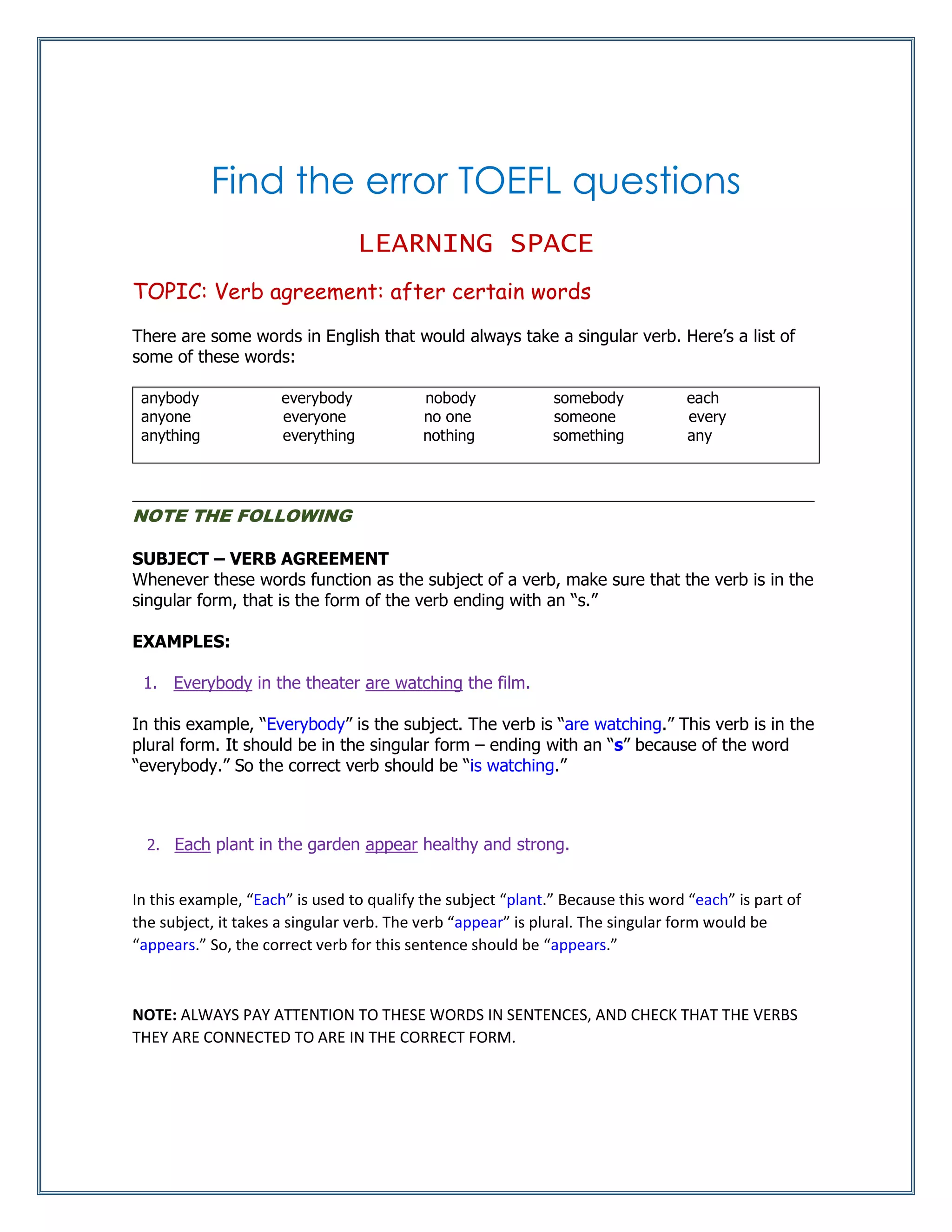 Verb agreement after certain words | PDF