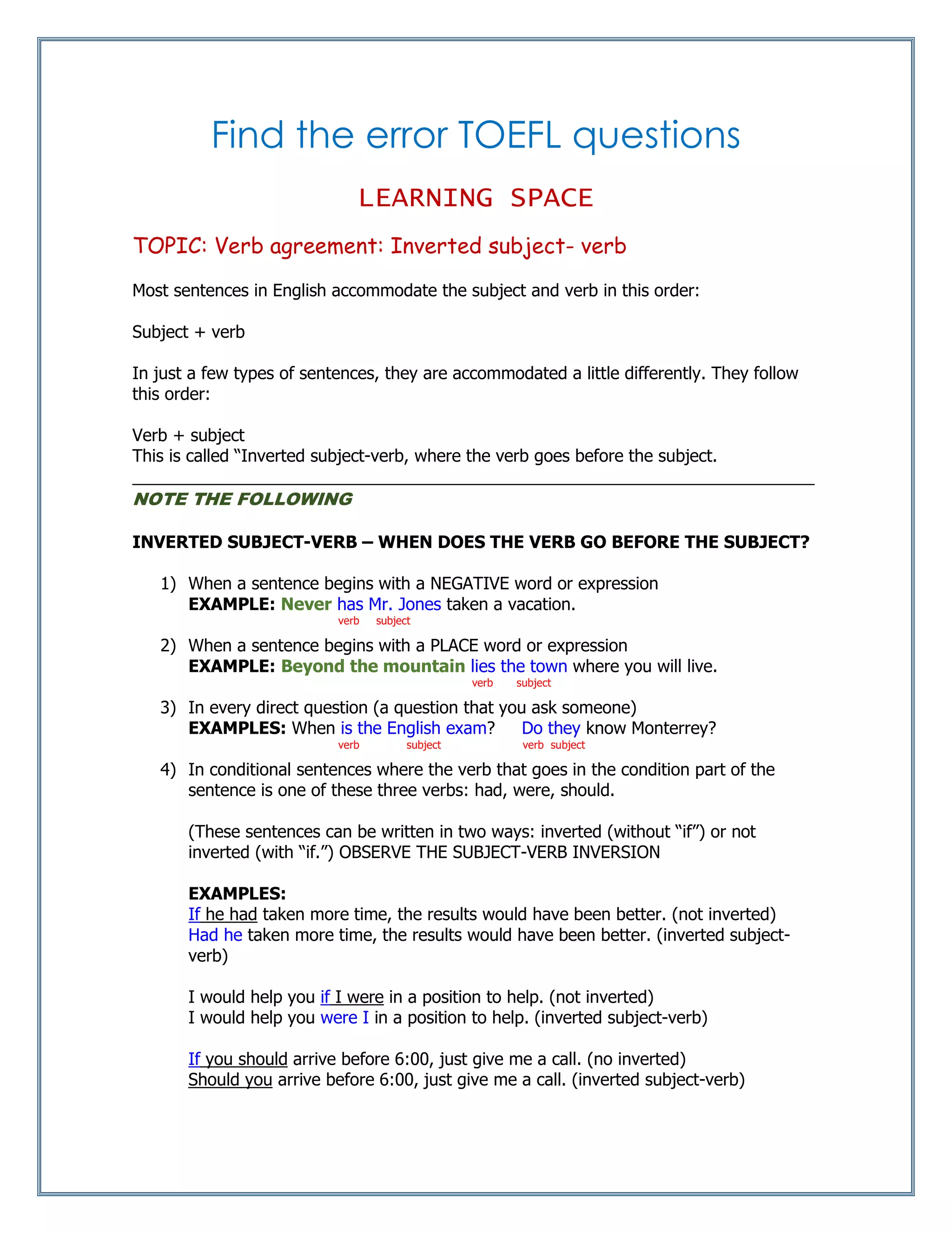 Verb agreement inverted subject-verb | PDF