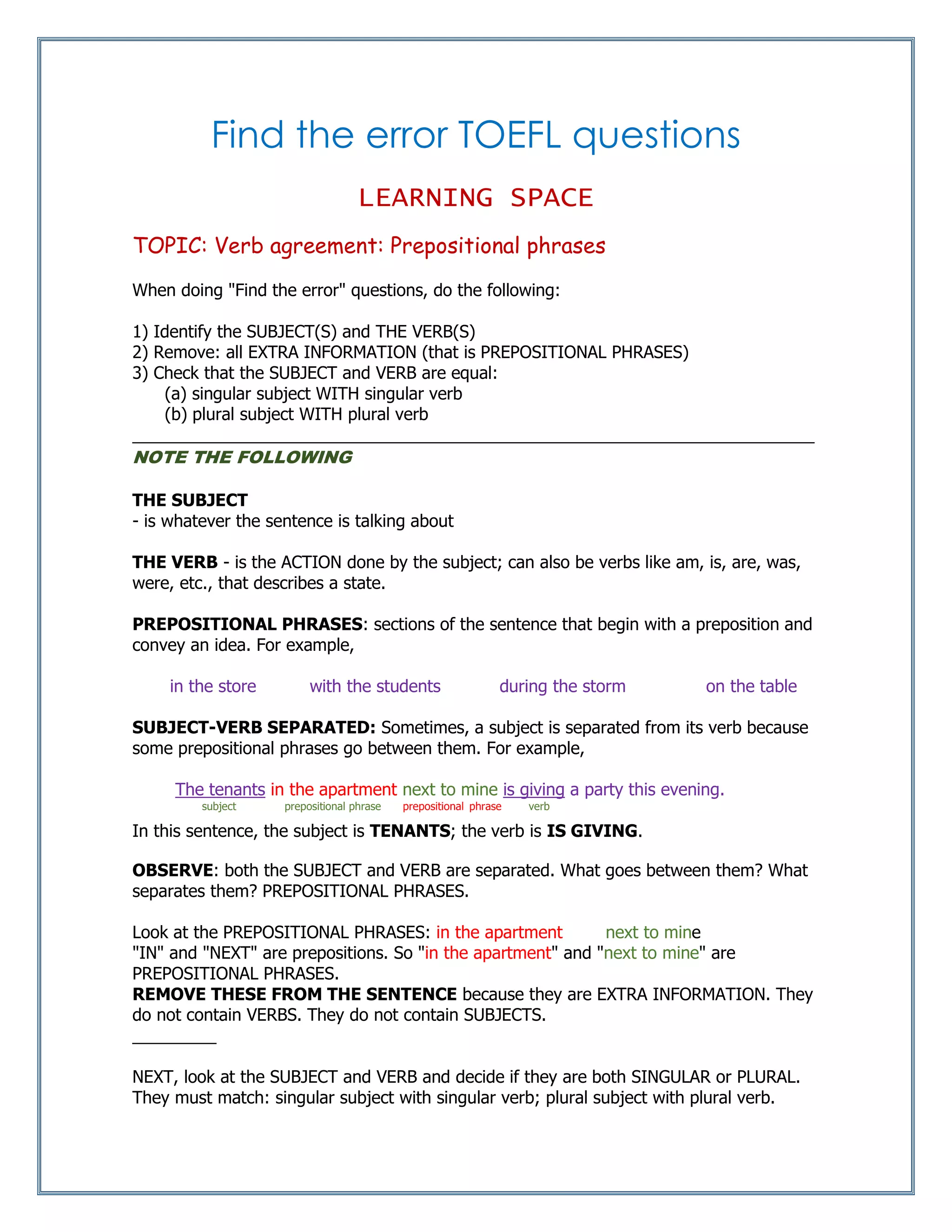 Verb agreement prepositional phrases | PDF