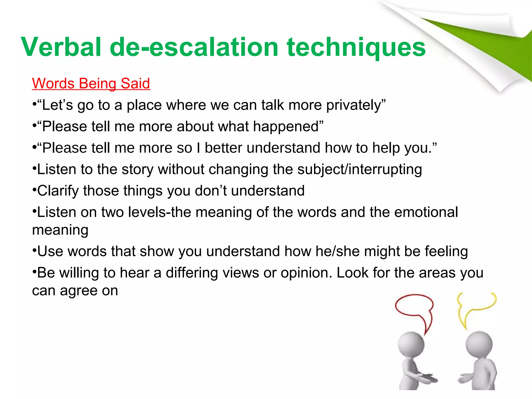Verbal deescalation techniques in mental health settings | PPT