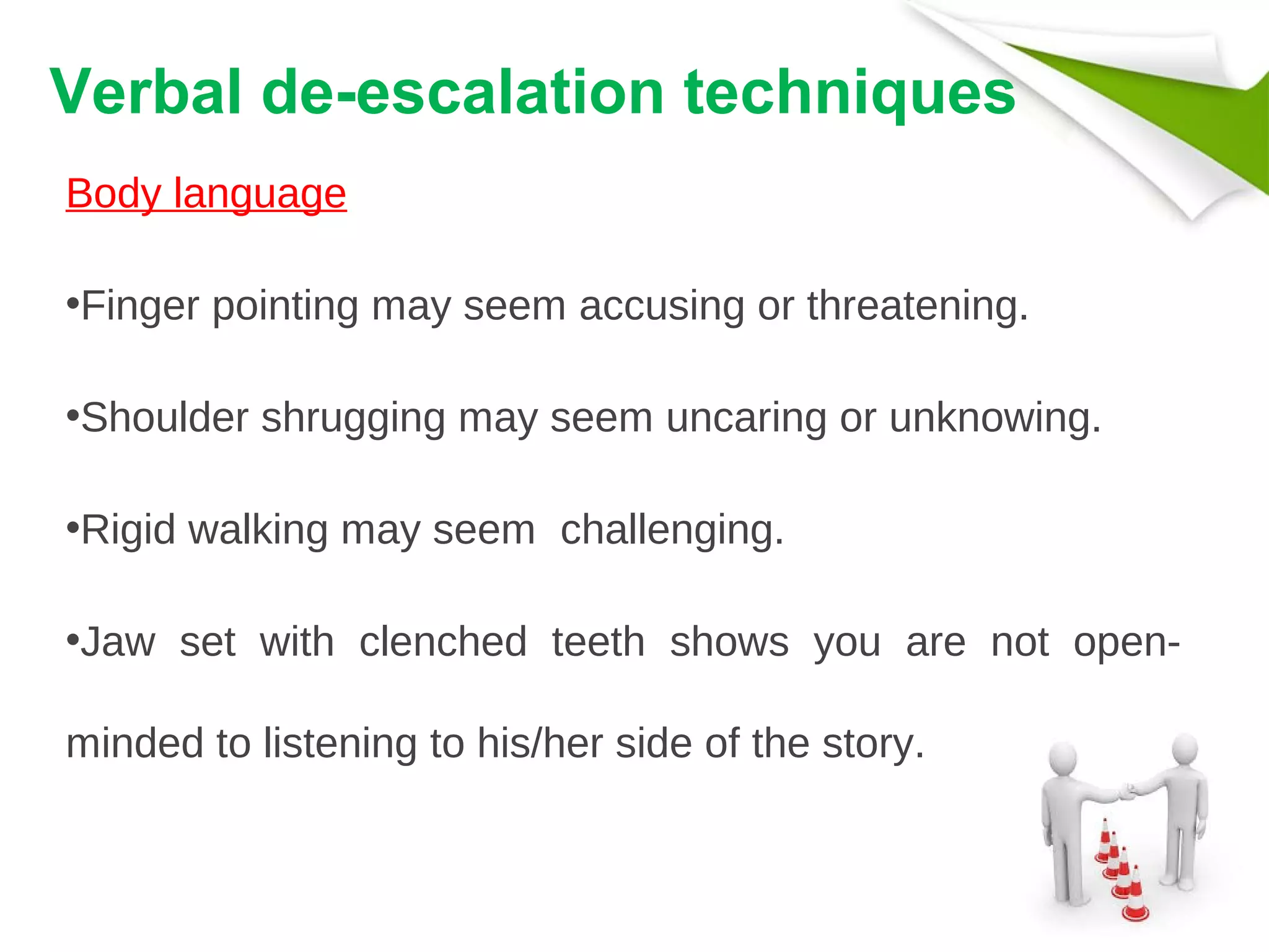 Verbal deescalation techniques in mental health settings | PPT