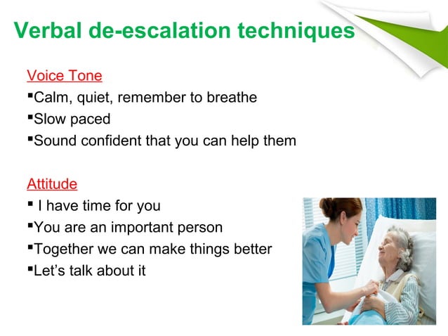 Verbal deescalation techniques in mental health settings | PPT | First Aid | Injuries