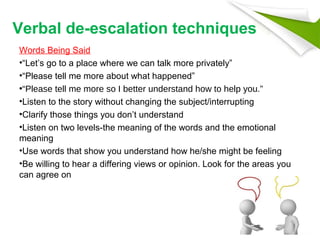 Verbal deescalation techniques in mental health settings | PPT