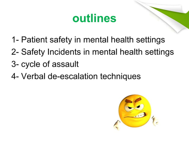 Verbal deescalation techniques in mental health settings | PPT | First Aid | Injuries