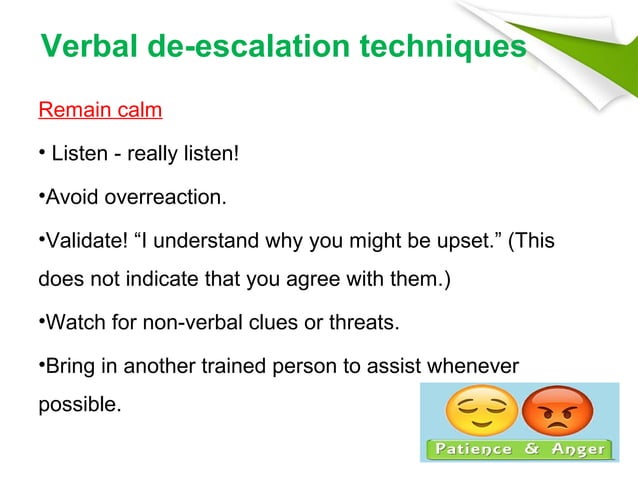 Verbal deescalation techniques in mental health settings | PPT | First Aid | Injuries