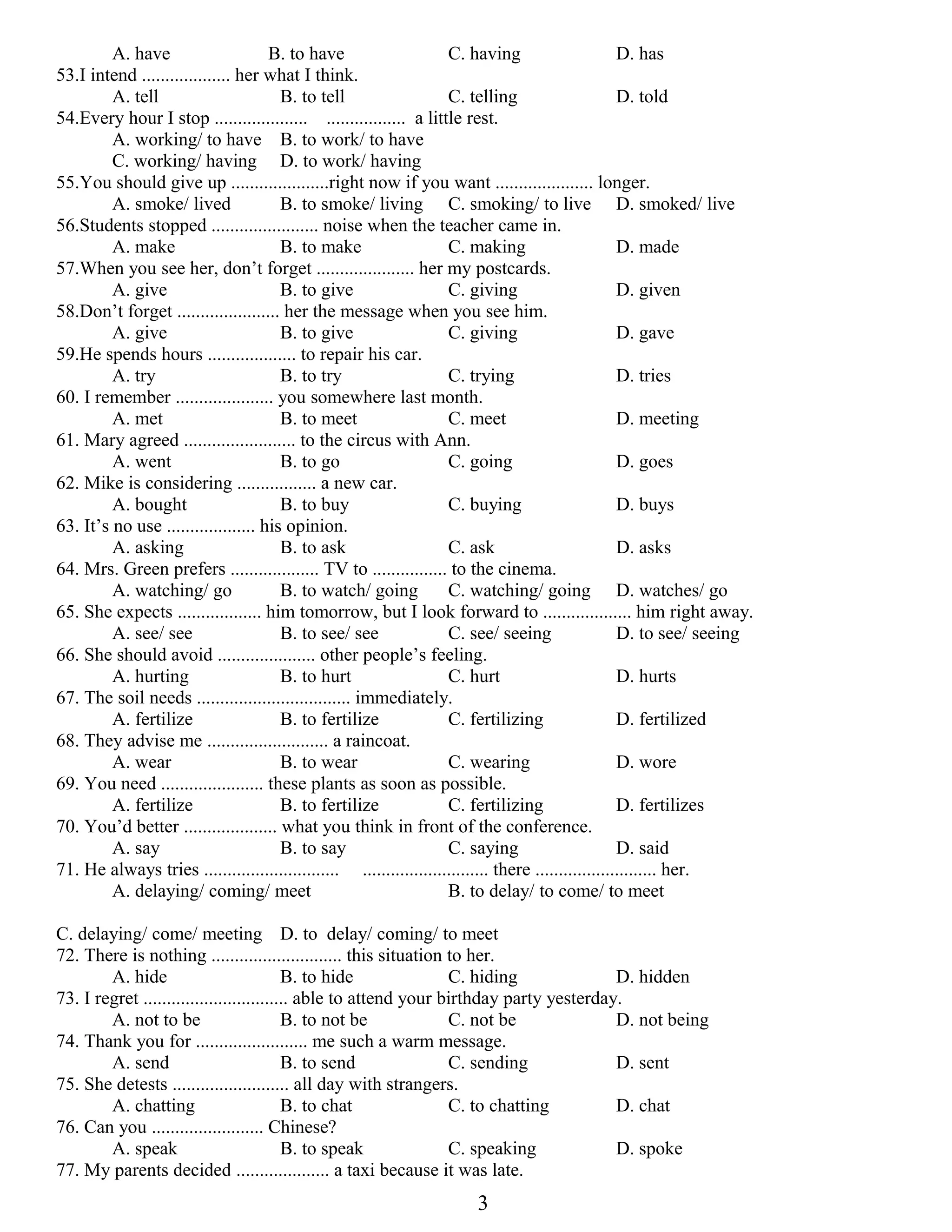 Verb form multiple choice | DOC