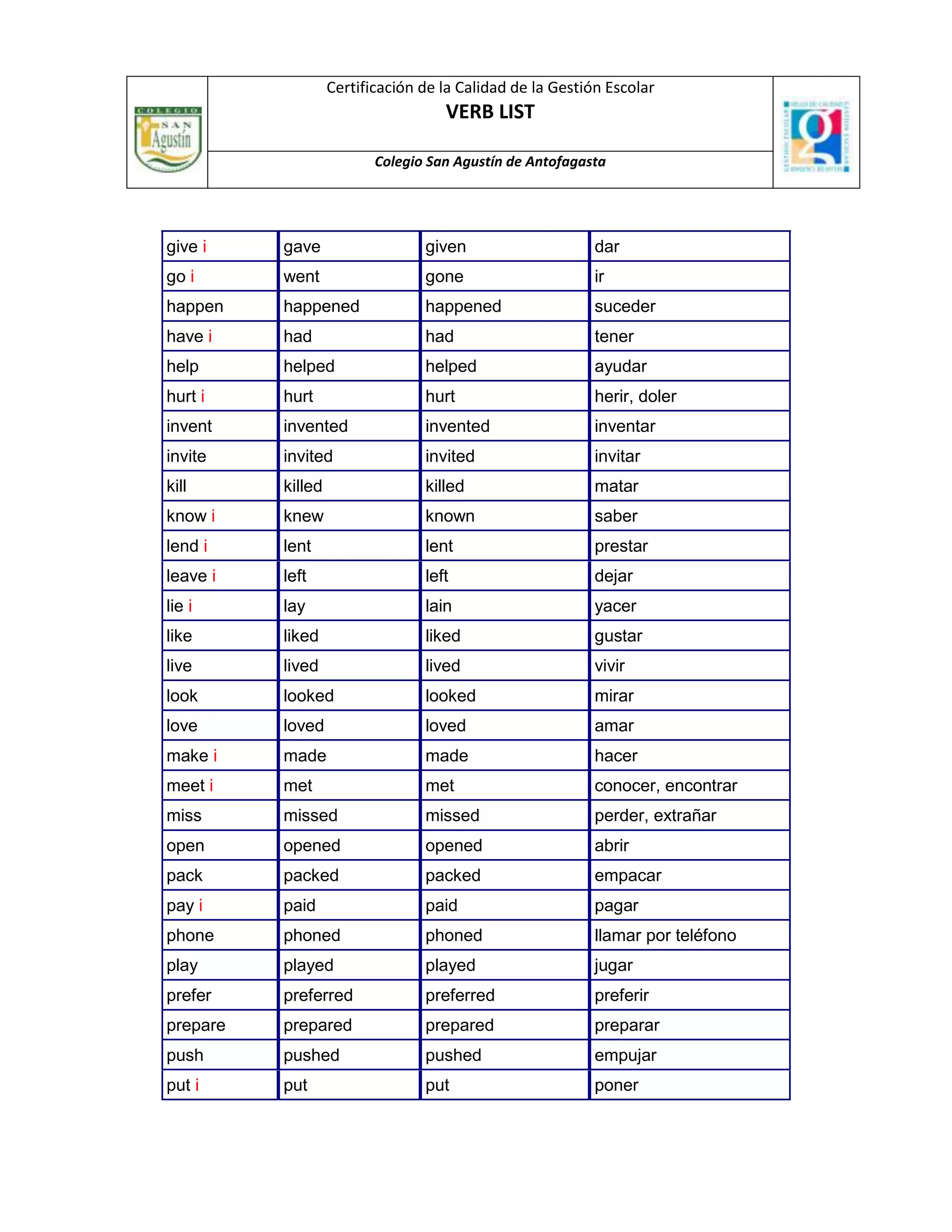 Verb list | DOCX