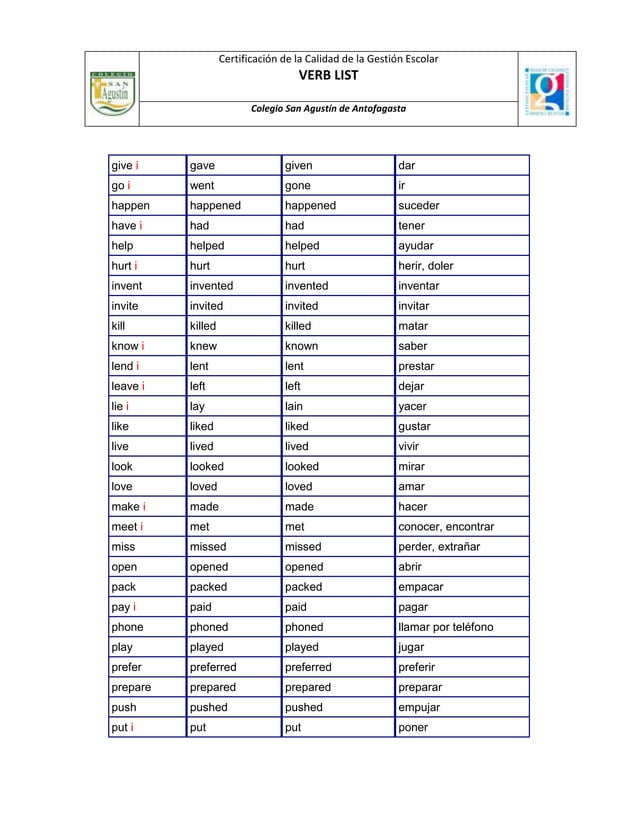 Verb list | DOCX