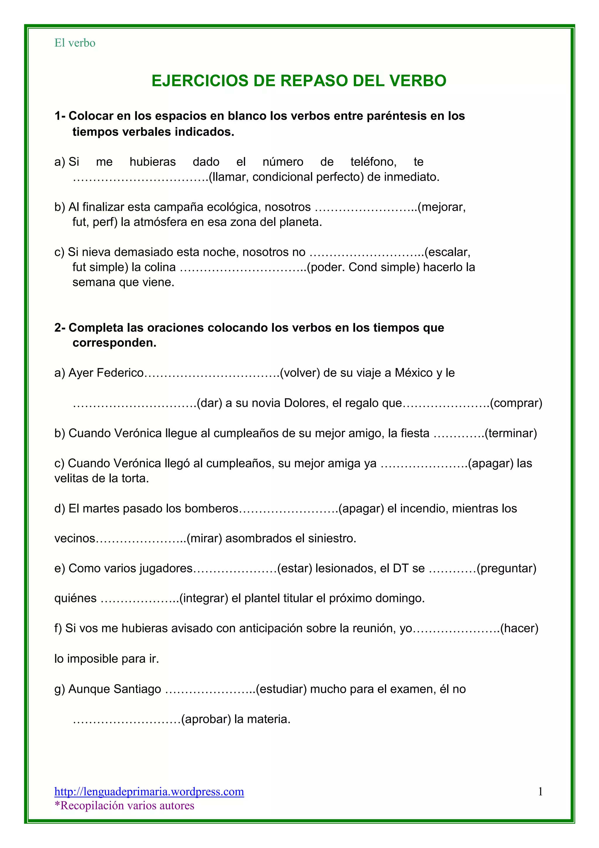 Ejercicios repaso Verbos | PDF