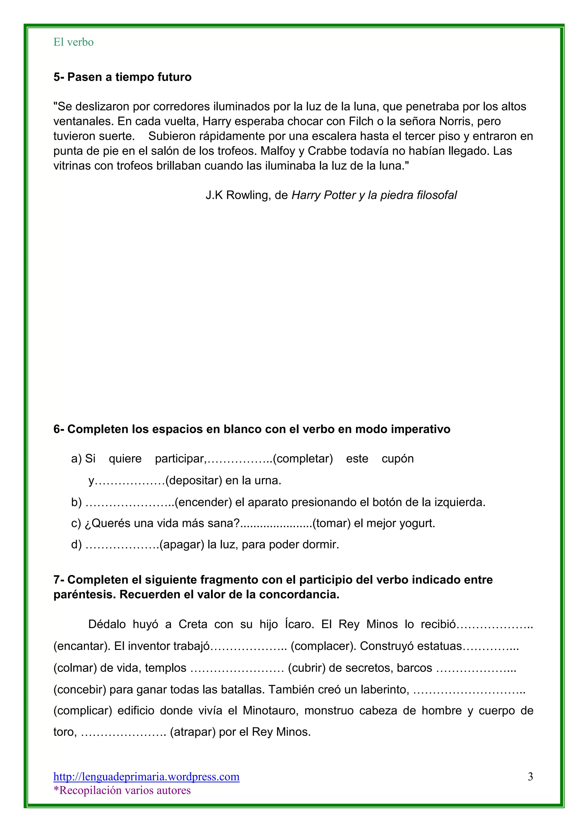 Ejercicios repaso Verbos | PDF