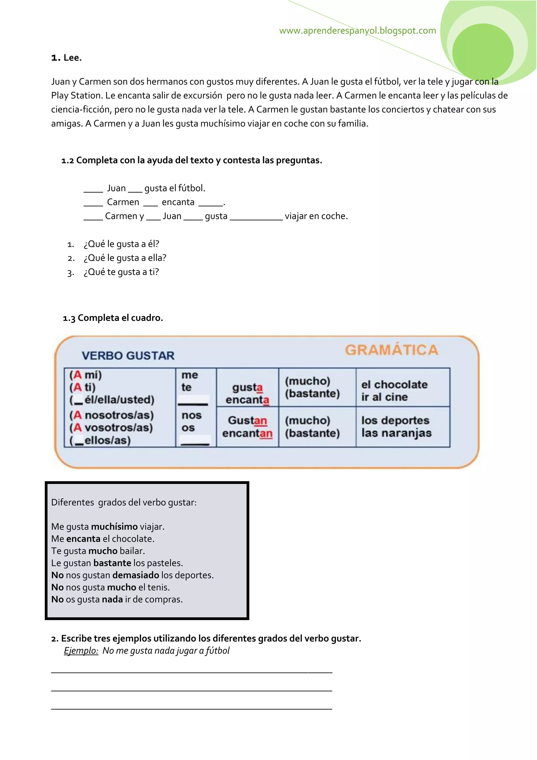 Verbo gustar. Ejercicios y tabla | PDF