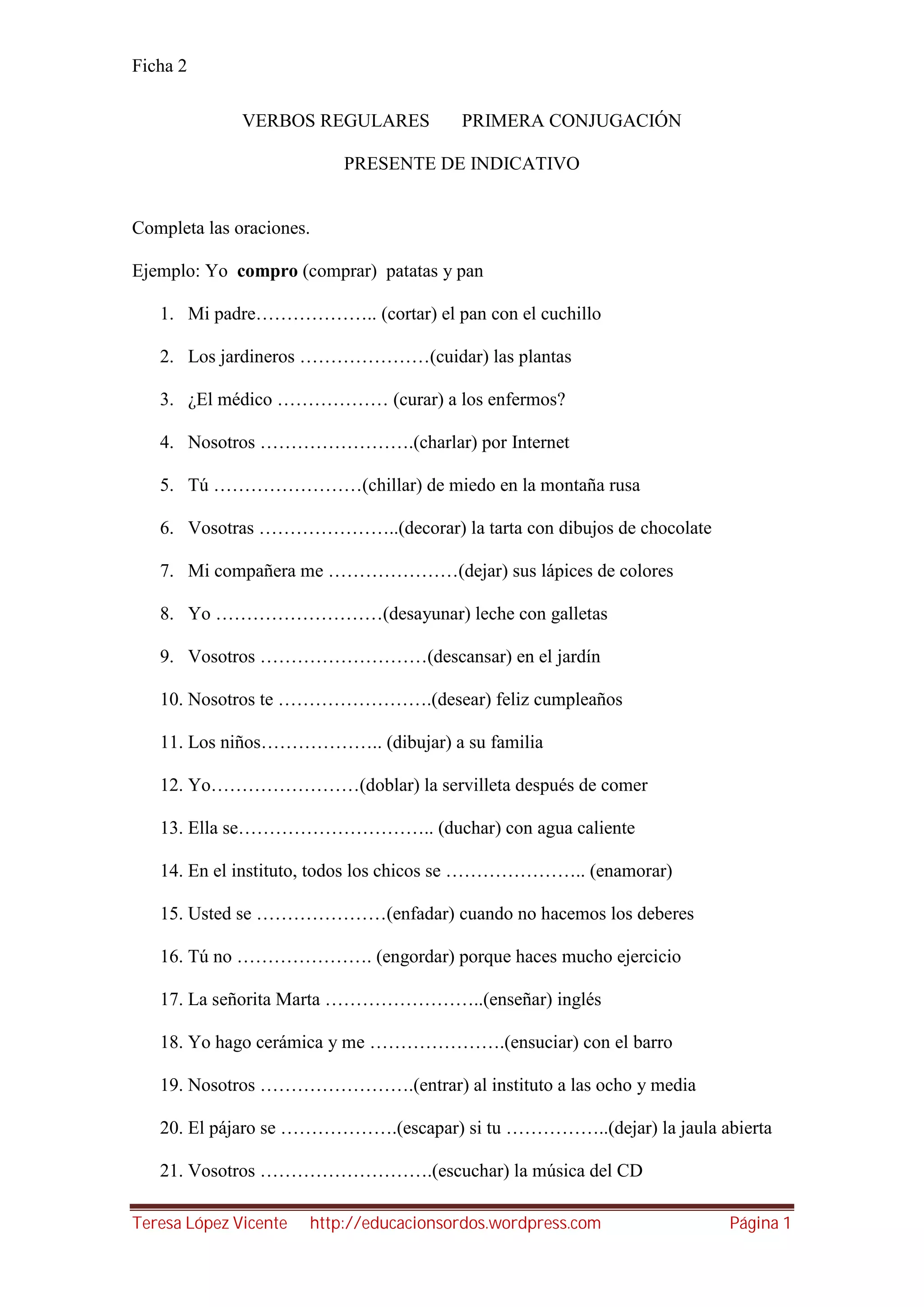 Verbos regulares primera conjugación ficha 2 | PDF