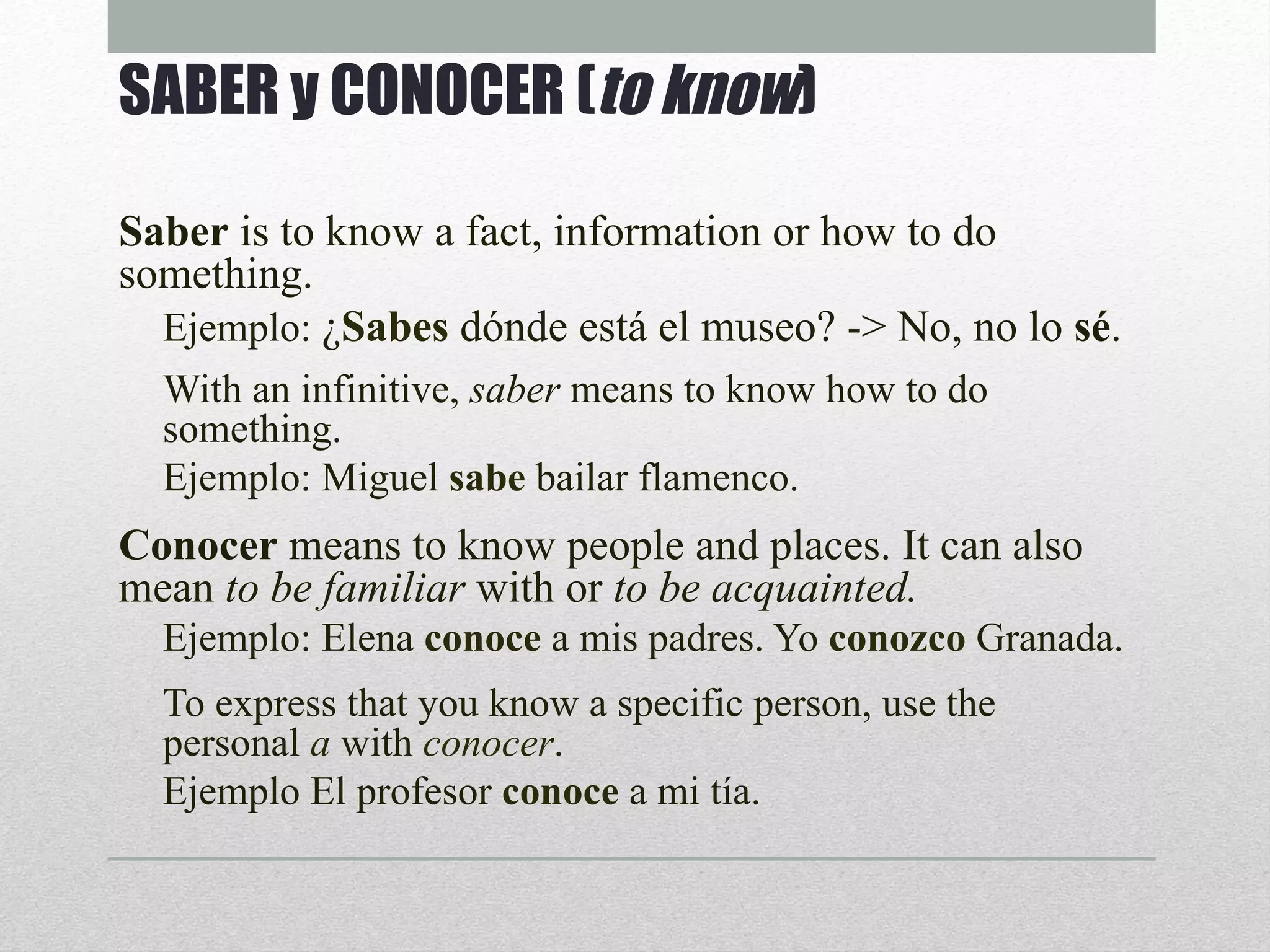 Verbos saber y conocer | PPT