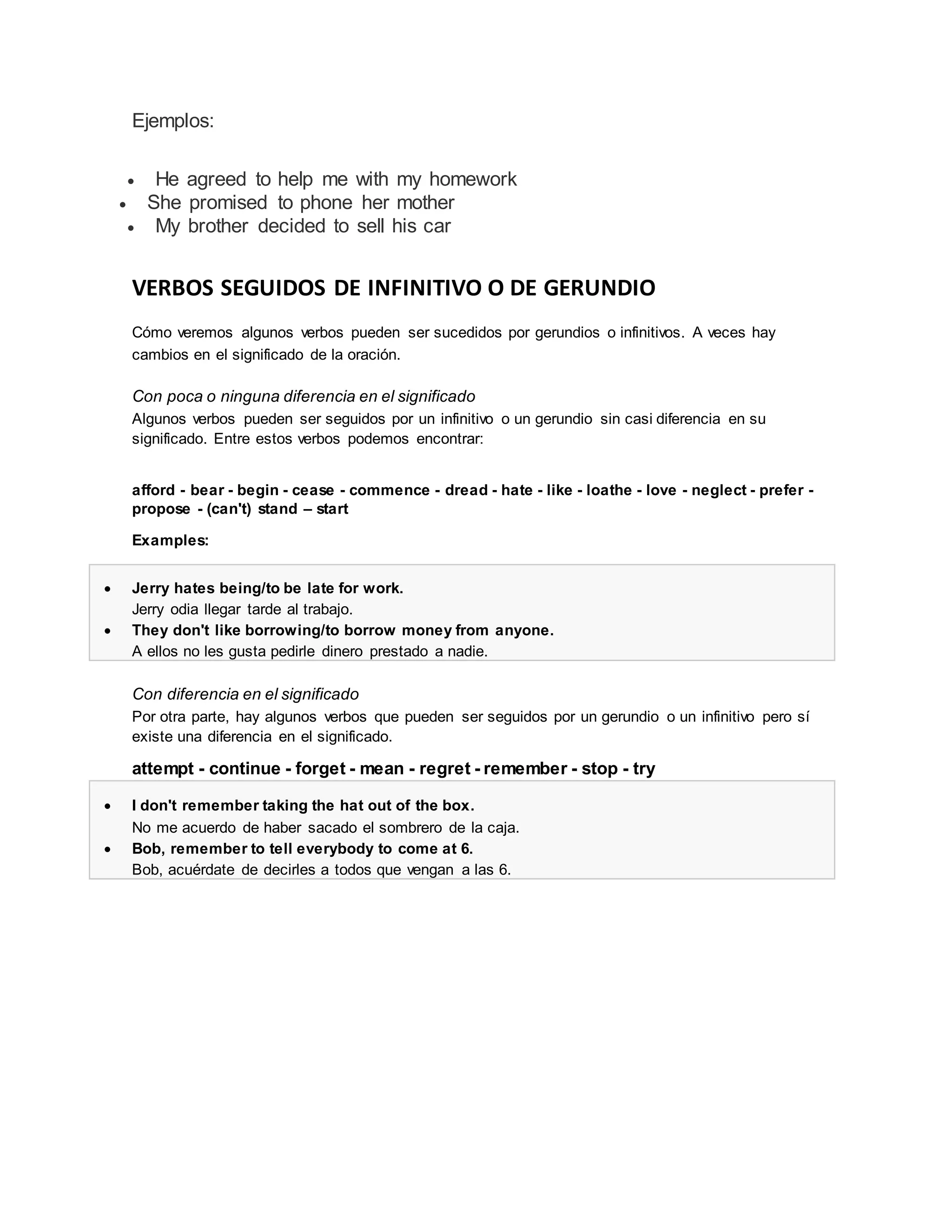 Verbos seguidos de infinitivo y gerundio | DOCX