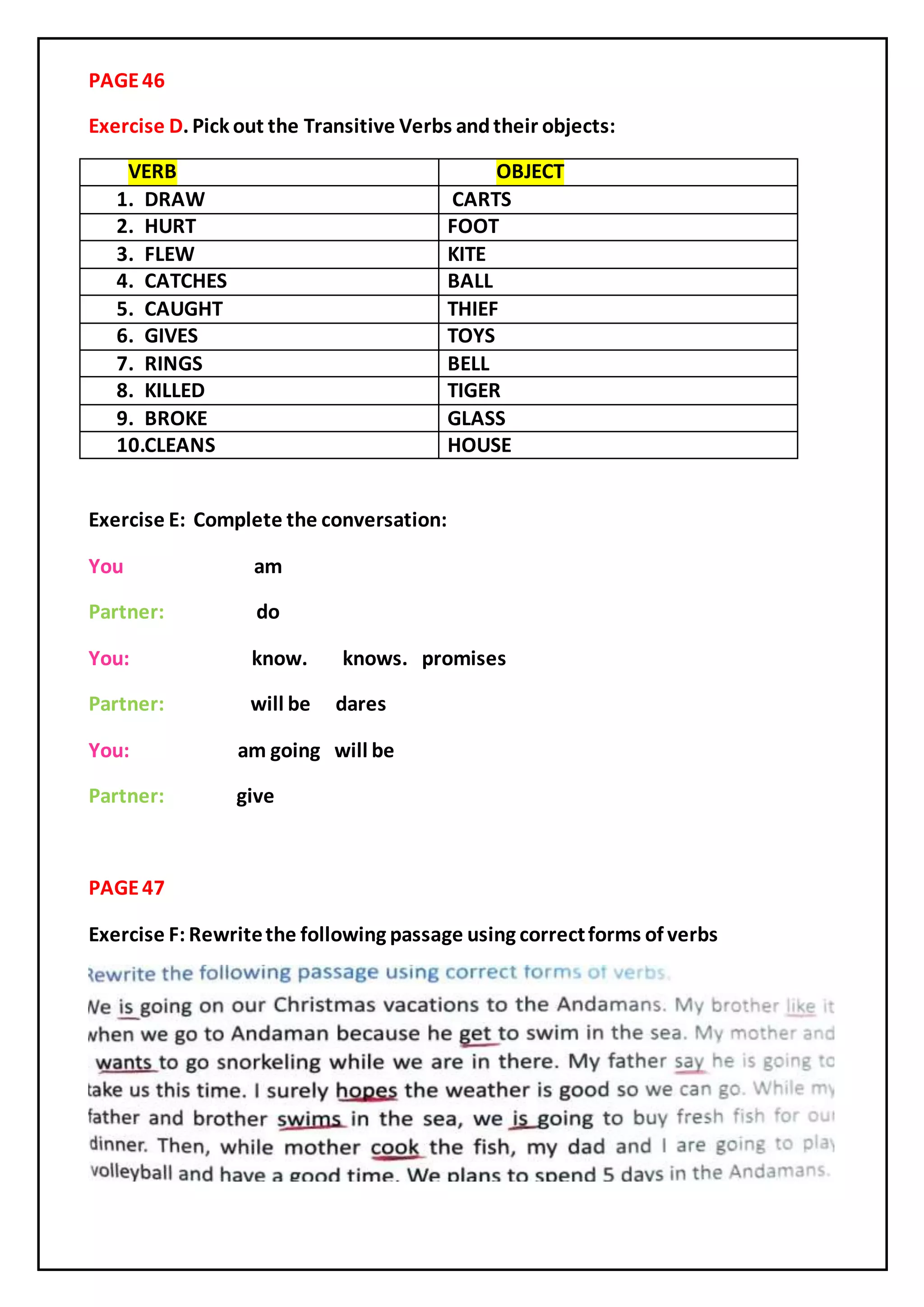 Verbs answer key class 5 august english | DOCX