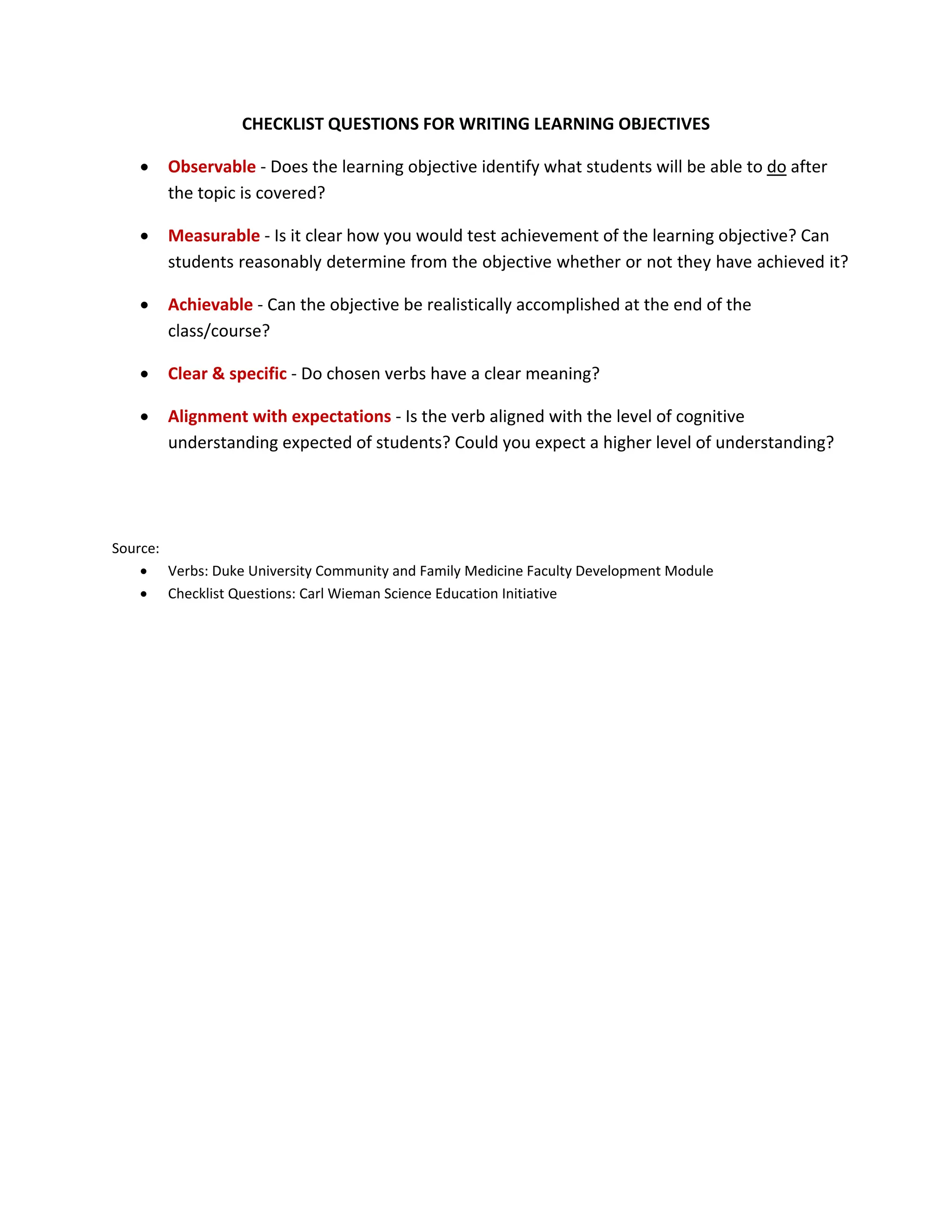 Verbs Checklist For Objectives Pdf