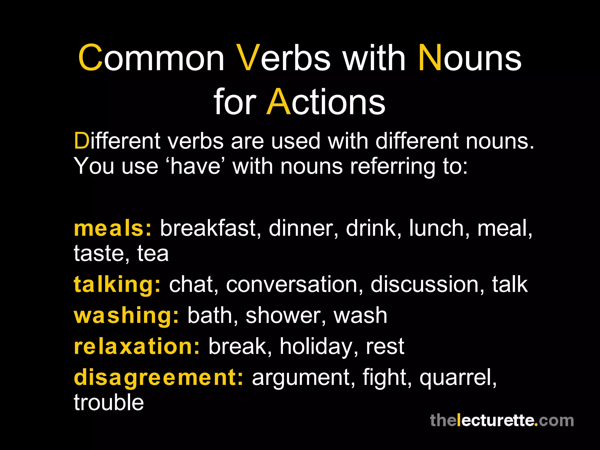 Verbs with nouns for actions | PPT