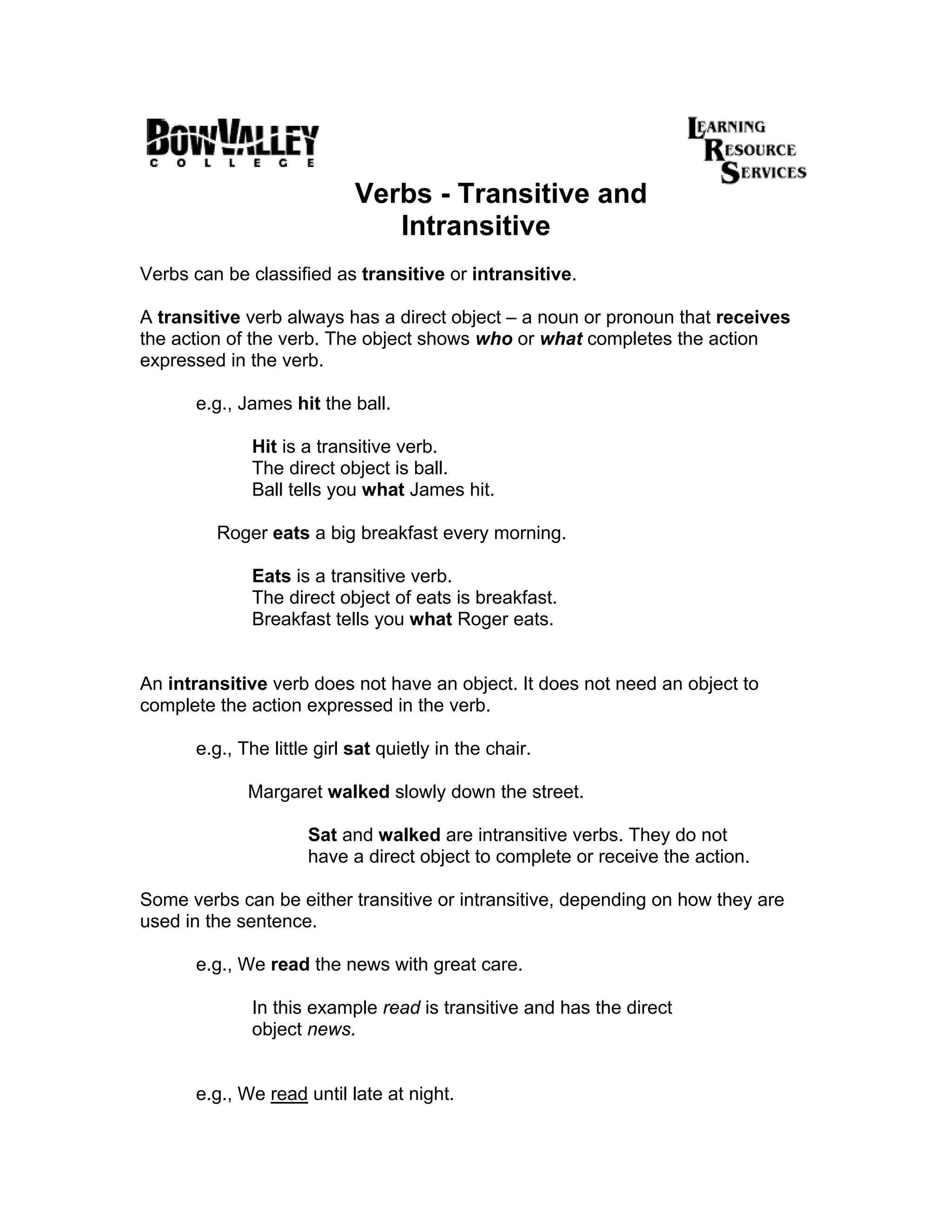 Verbs transitive and_intransitive | PDF